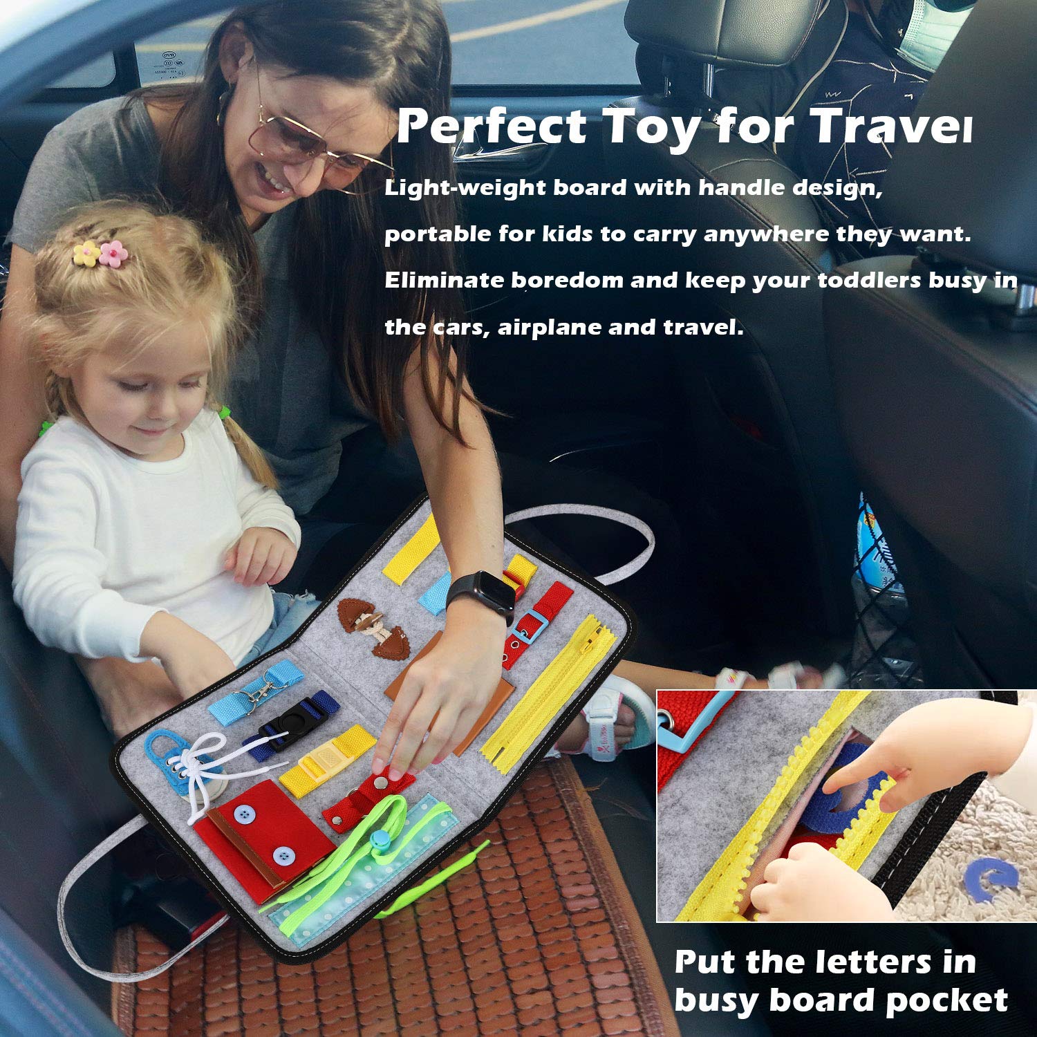 Esjay Toddler Busy Board, Sensory Board for Fine Motor Skill, Montessori Toys Toddler Activities for Travel, Car(Grey)