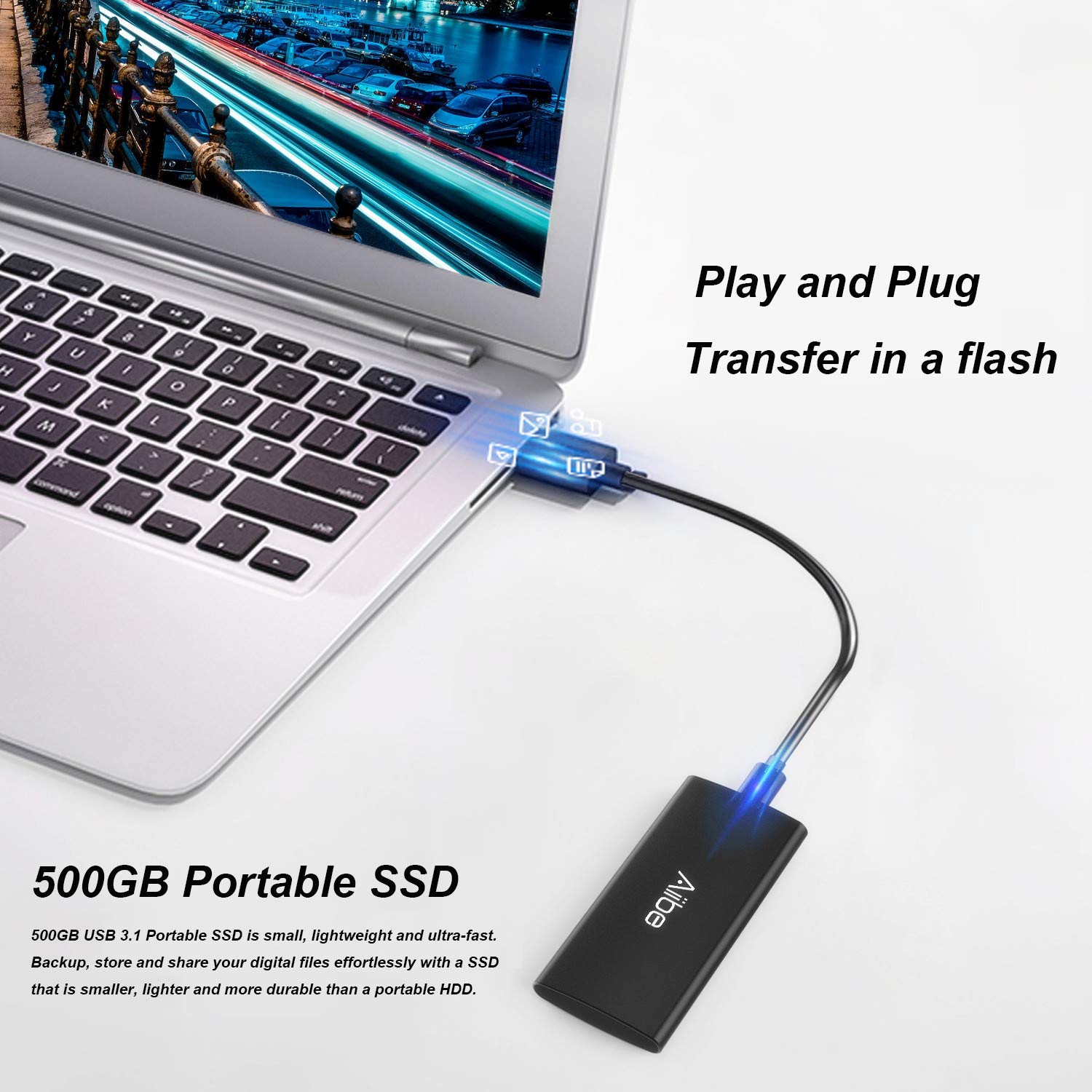 Aiibe External Portable SSD 500GB - Up to 500MB/s - USB-C, USB 3.1 External Solid State Drive 500GB 500G USB SSD Drive for PC Laptop, Mac, Xbox and PS4 - Black