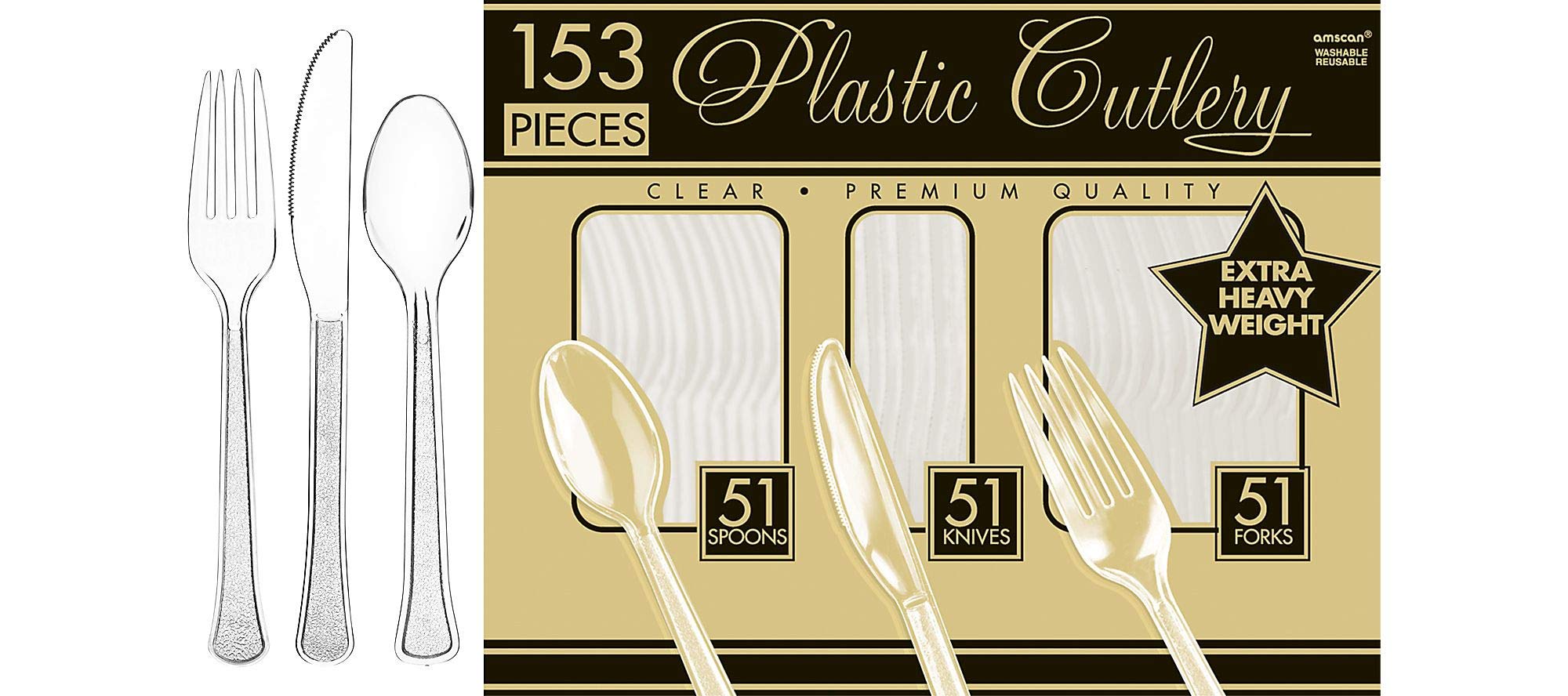 Amscan Premium Heavy Weight Plastic Cutlery Set, 8.1" x 2.7" x 10.3", Clear, 8