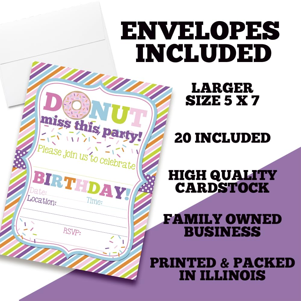 Colorful Donut with Sprinkles Birthday Party Invitations, 20 5x7 Fill In Cards with Twenty White Envelopes by AmandaCreation