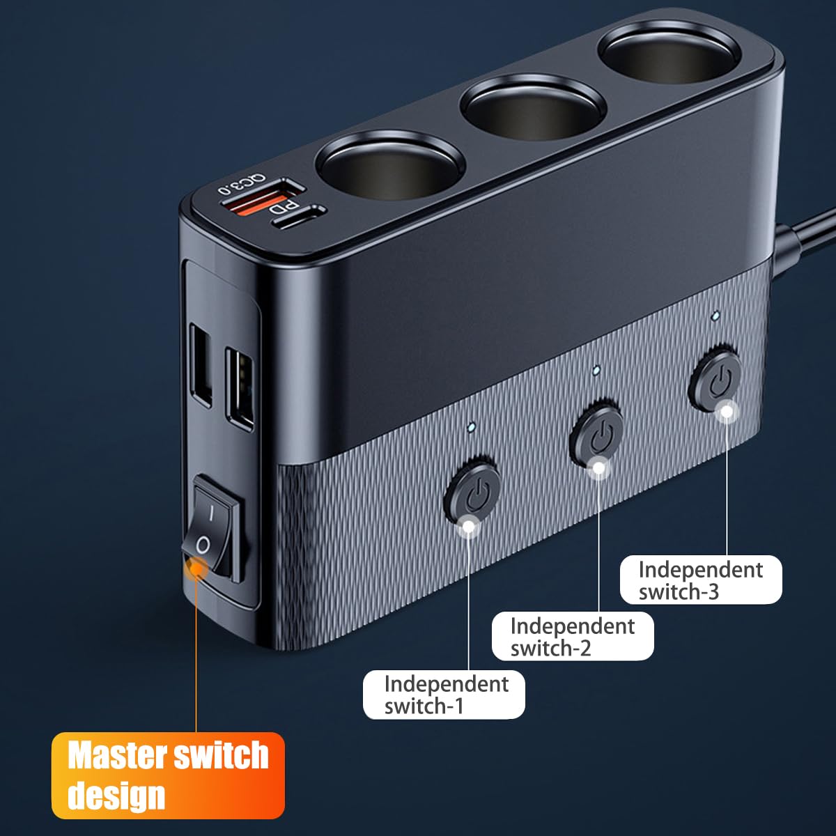 Ankuee Car Cigarette Lighter Splitter, 3 Socket Car Charger with PD/QC 3.0 Charging Ports, 3 USB 128W 12V/24V Independent Switches Car Splitter Adapter with LED Voltage Display (3.3FT Cable)