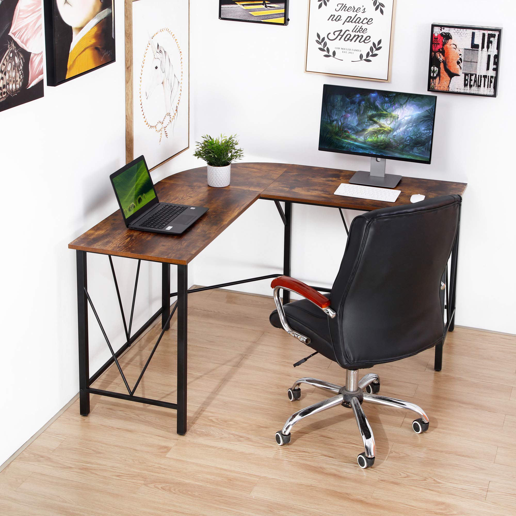 Amyove L-Shaped Desk, Home Office Desk with Round Corner,Computer Gaming Desk Table,Space-Saving/Easy to Assemble (Retro Color)