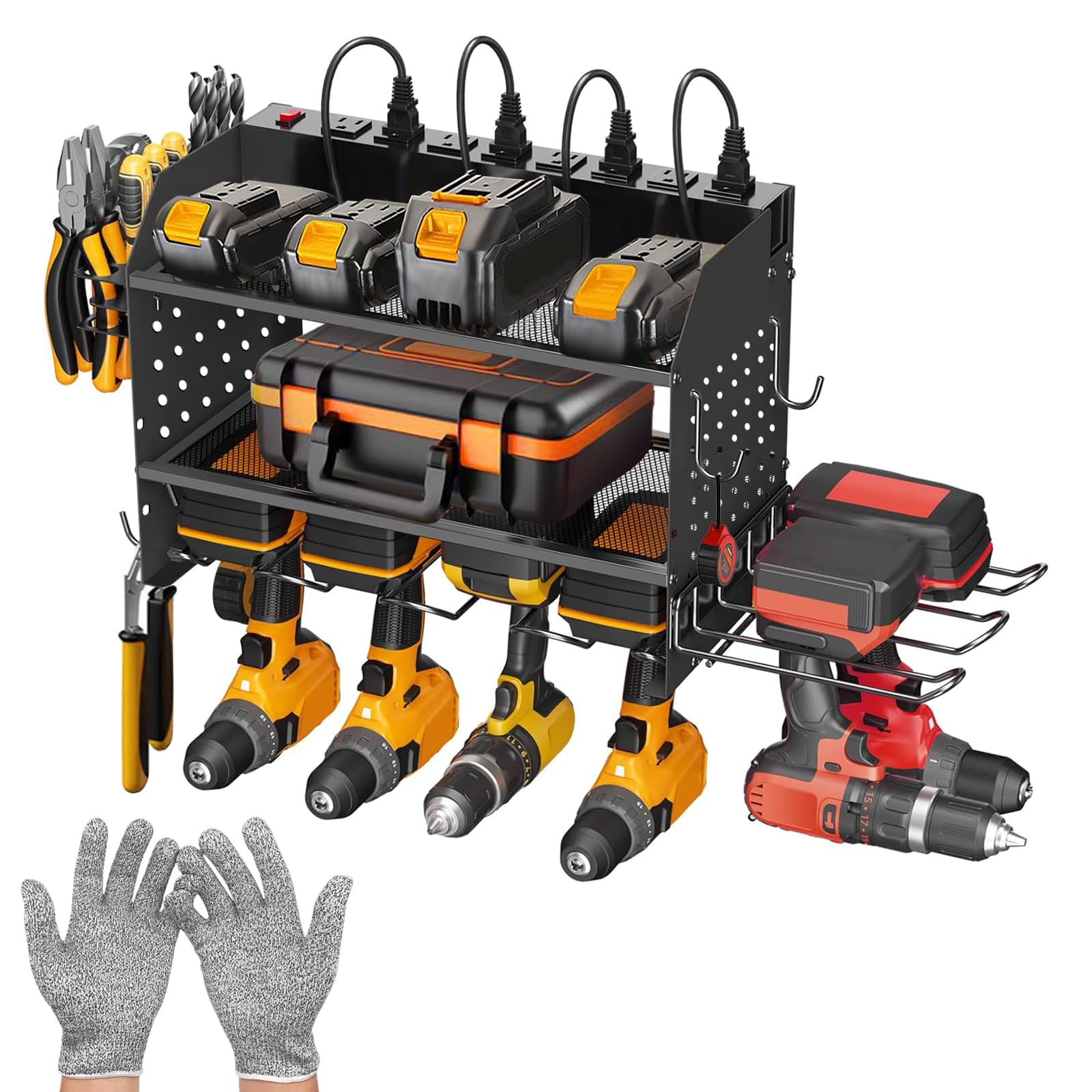 Havenfly Power Tool Organizer Wall Mount with Power Strip, 6 Drill Holder, Heavy Duty Metal Drill Storage Shelf with 8 Hooks, 3 Layer Storage Shelf with 2 Side Pegboards, Ideal Gifts for Men