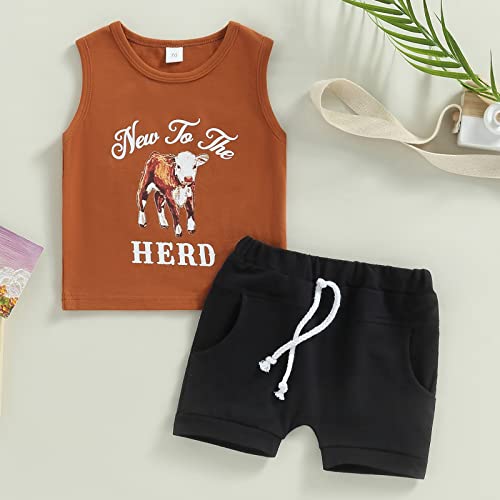 Aojekbee Toddler Boys Clothes, Sleeveless Round Neck Letters Tops Drawstring Short Pants Casual Outfits (Burnt Sugar, 0-6 Months)
