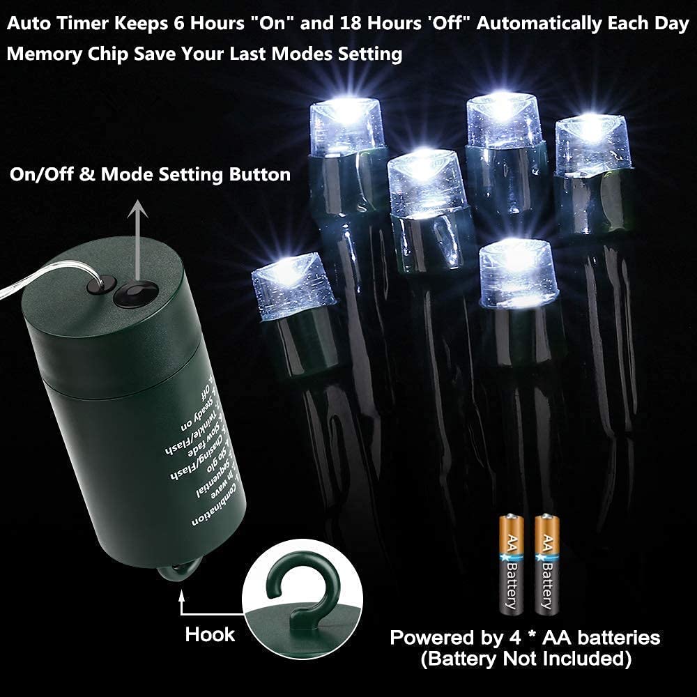 iBaycon Battery Christmas Lights, 66ft 200 LED Battery Operated String Lights Waterproof 8 Modes & Auto Timer for Christmas Trees, Home, Garden, Party and Holiday Decoration (White)