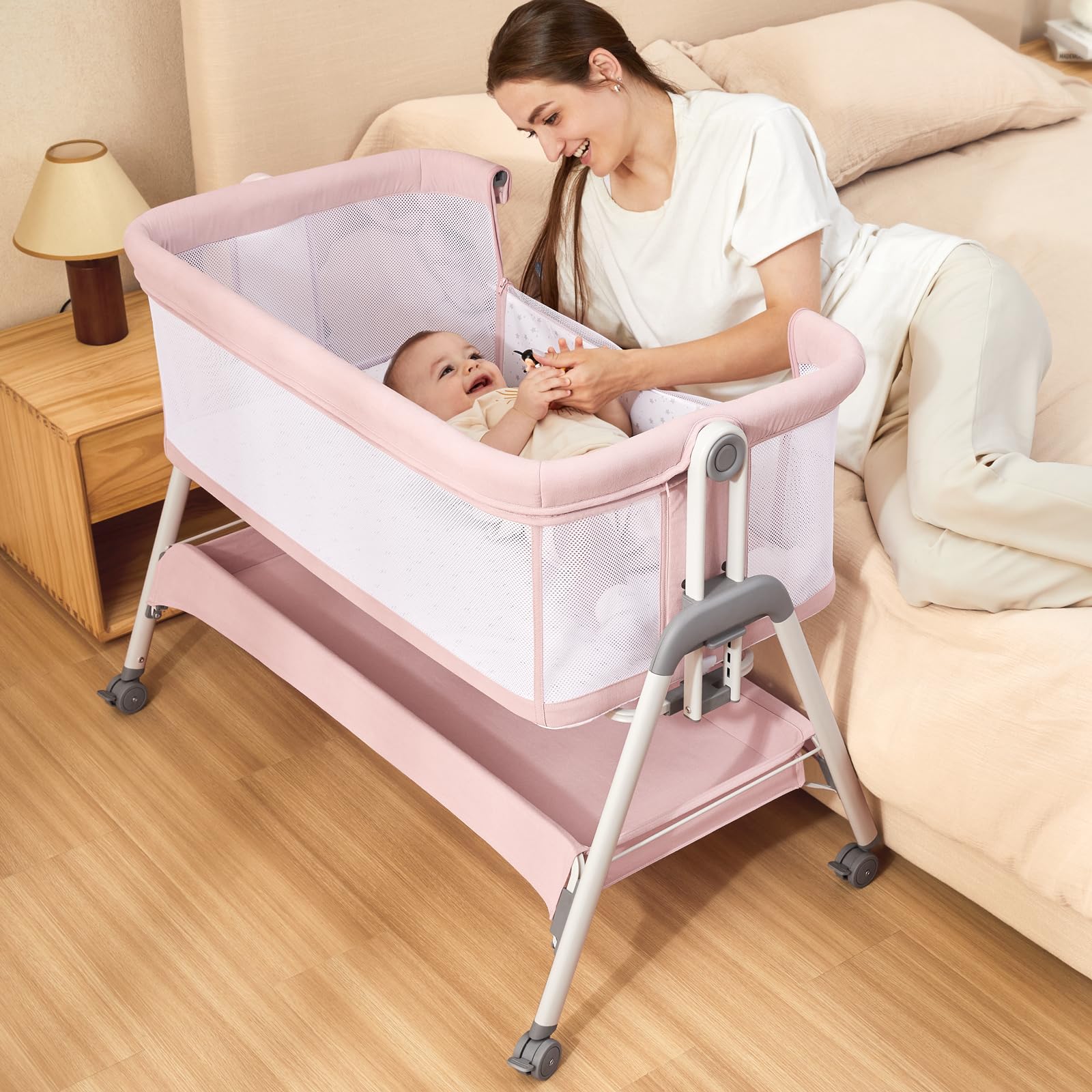 ANGELBLISS Baby Bassinet Bedside Sleeper with Gel Memory Mattress Topper, Easy Folding Portable Bassinet for Baby with Wheels, Mattress with Removable Cover