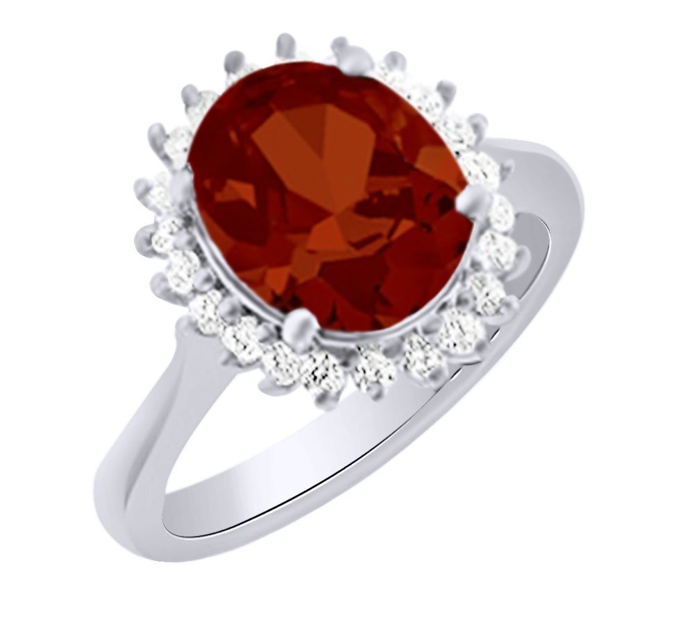 AFFY 3.83 cttw Simulated Red Garnet & White Natural Diamond Halo Engagement Wedding Ring in 14k White Gold Ring Size -8.5