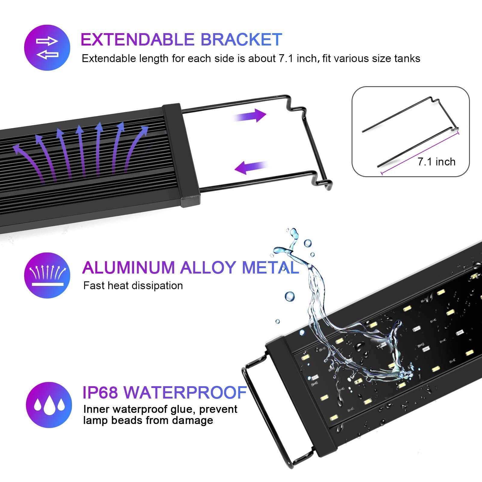 AQQA Aquarium Lights,Fish Tank LED Light with Extendable Brackets,Waterproof Full Spectrum Blue Red White LEDs with External Timer Controller for Freshwater Planted 11W(12"-18")