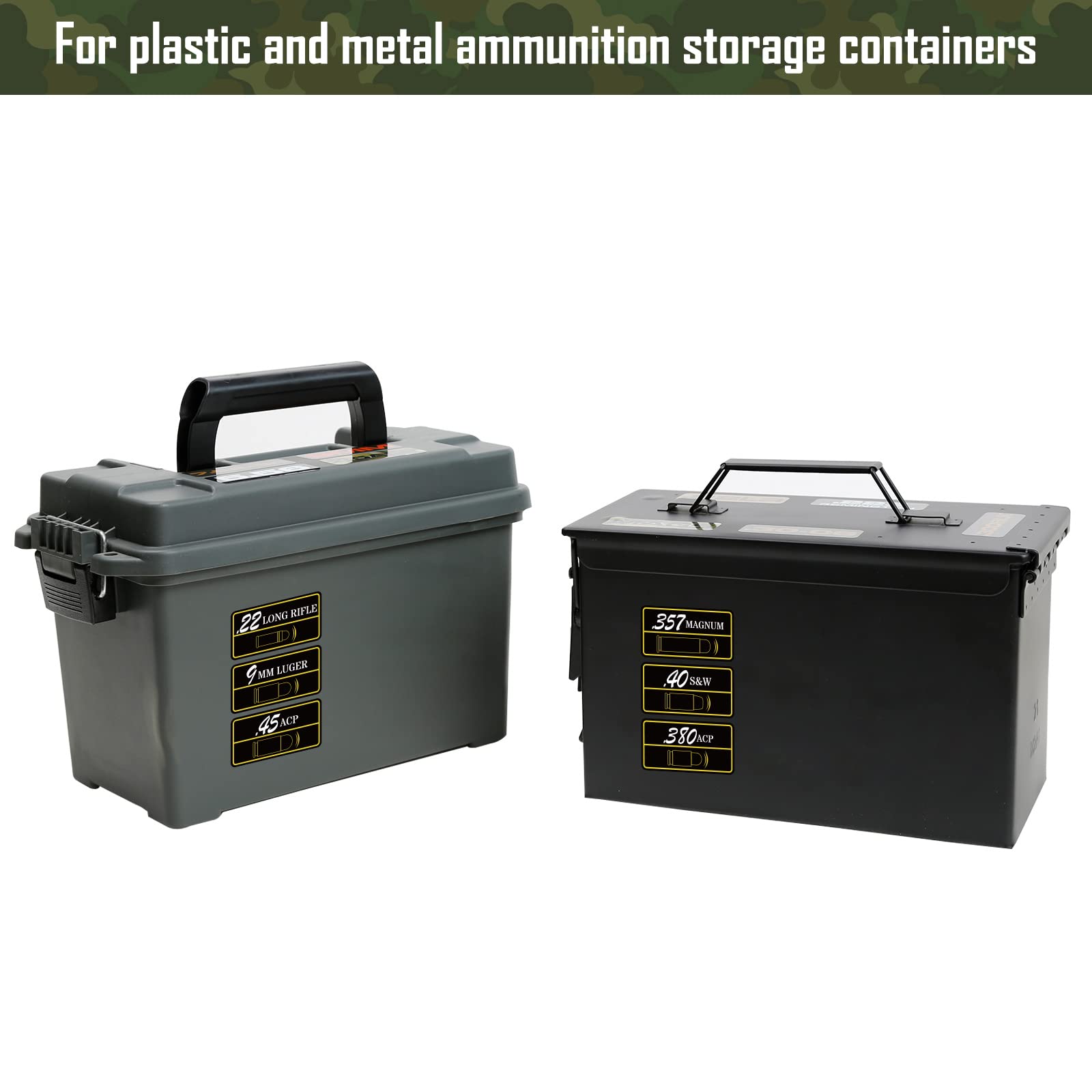 Aolamegs Pistol Ammo Can Sticker Set - .22 LR .45 AUTO 9MM Luger .357 Mag .40 S&W .380 AUTO Ammo Caliber Sticker, Black Bullet Pattern Vinyl Decal Ammo Can Labels for Box Case(6 Varieties/30 Pack)