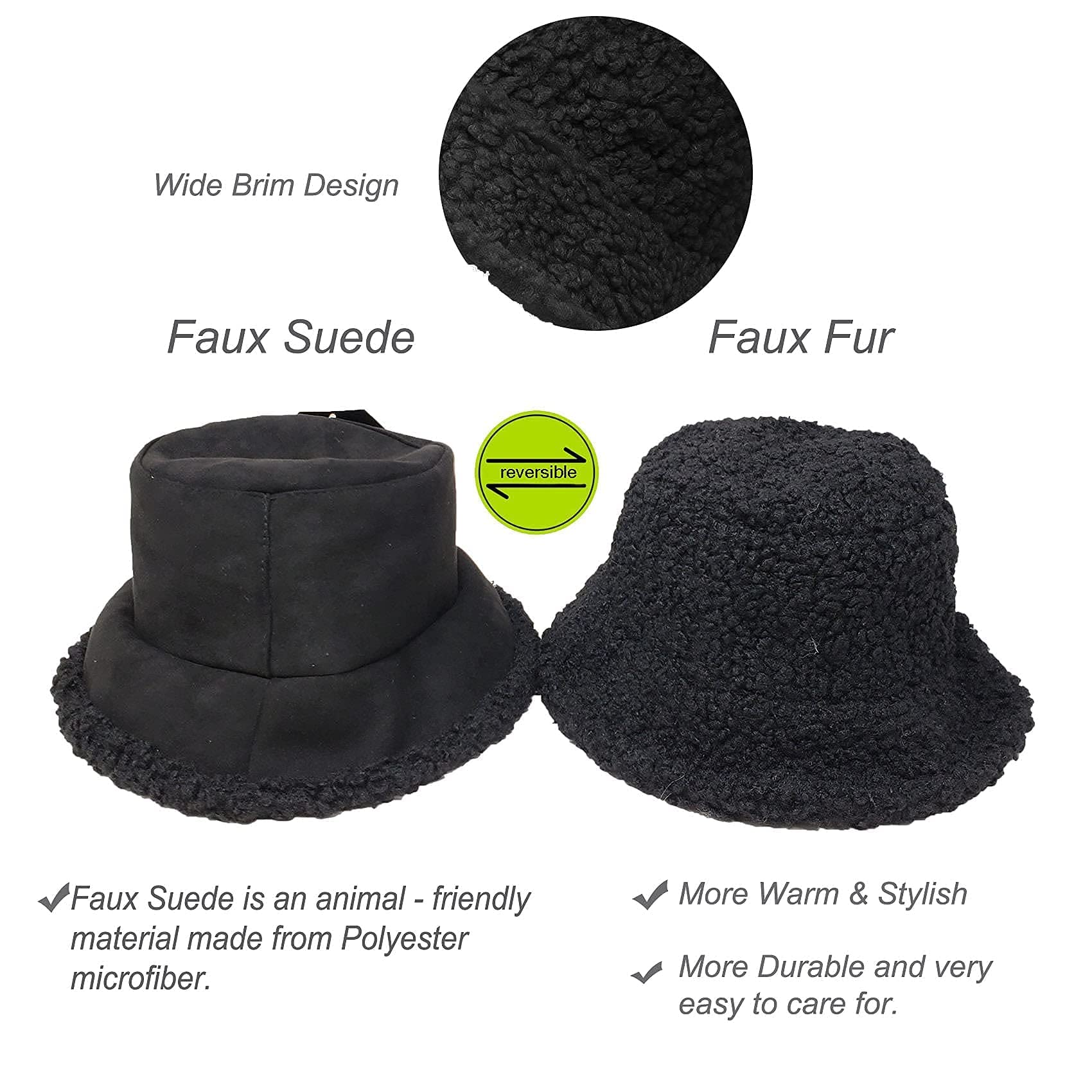 BA UNIQUE FASHION Reversible Solid Color Women Winter Faux Suede Fur Bucket Hat (Black Tone)
