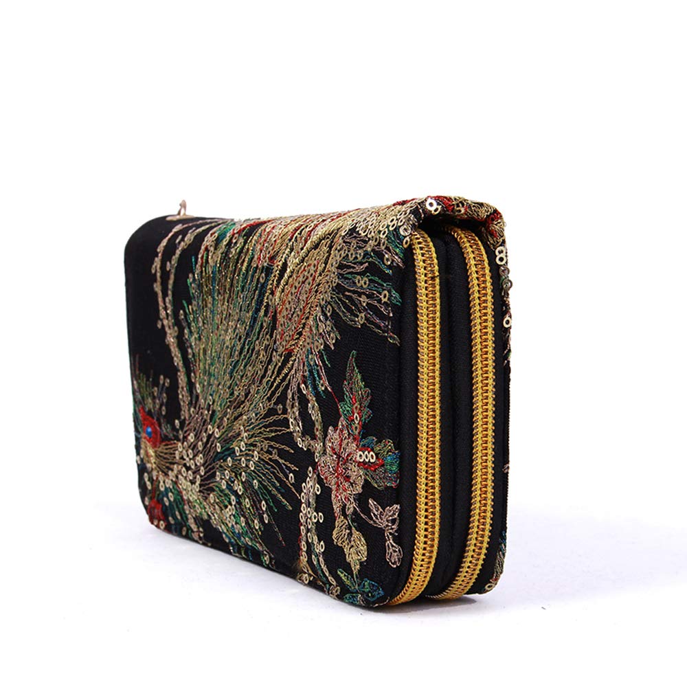 Ethnic Minority Style Double-Sided Embroidered Wallet, Special Peacock Embroidery, Long Zipper, Hand Wallet Mobile Phone Bag (Black)