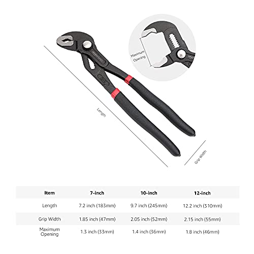 Amazon Basics 3-Piece Quick Release Groove Joint Pliers Set, Drop Forged Chrome Vanadium Steel, Includes 7-inch,10-inch, and 12-inch, Black
