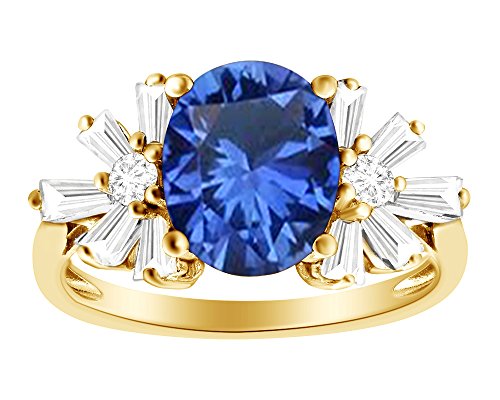 AFFY Oval Shape Simulated Blue Sapphire with White CZ Starburst Engagement Ring in 14K Yellow Gold Over Sterling Silver Ring Size-8