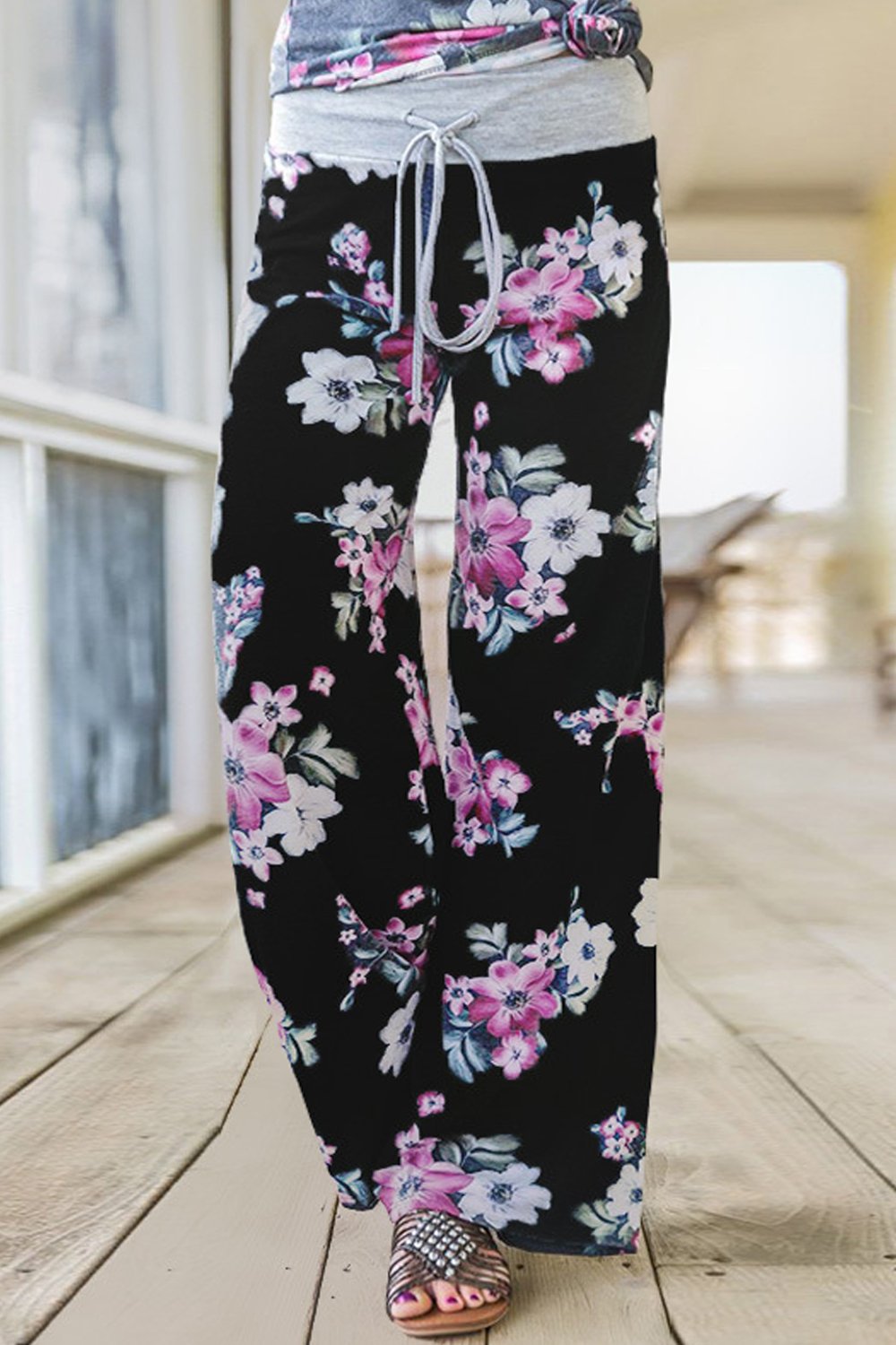 AMiERY Women's Casual Pajama Pants Lounge High Waisted Wide Leg Comfy Drawstring Floral Print Palazzo Pj Bottoms Pants Black XL