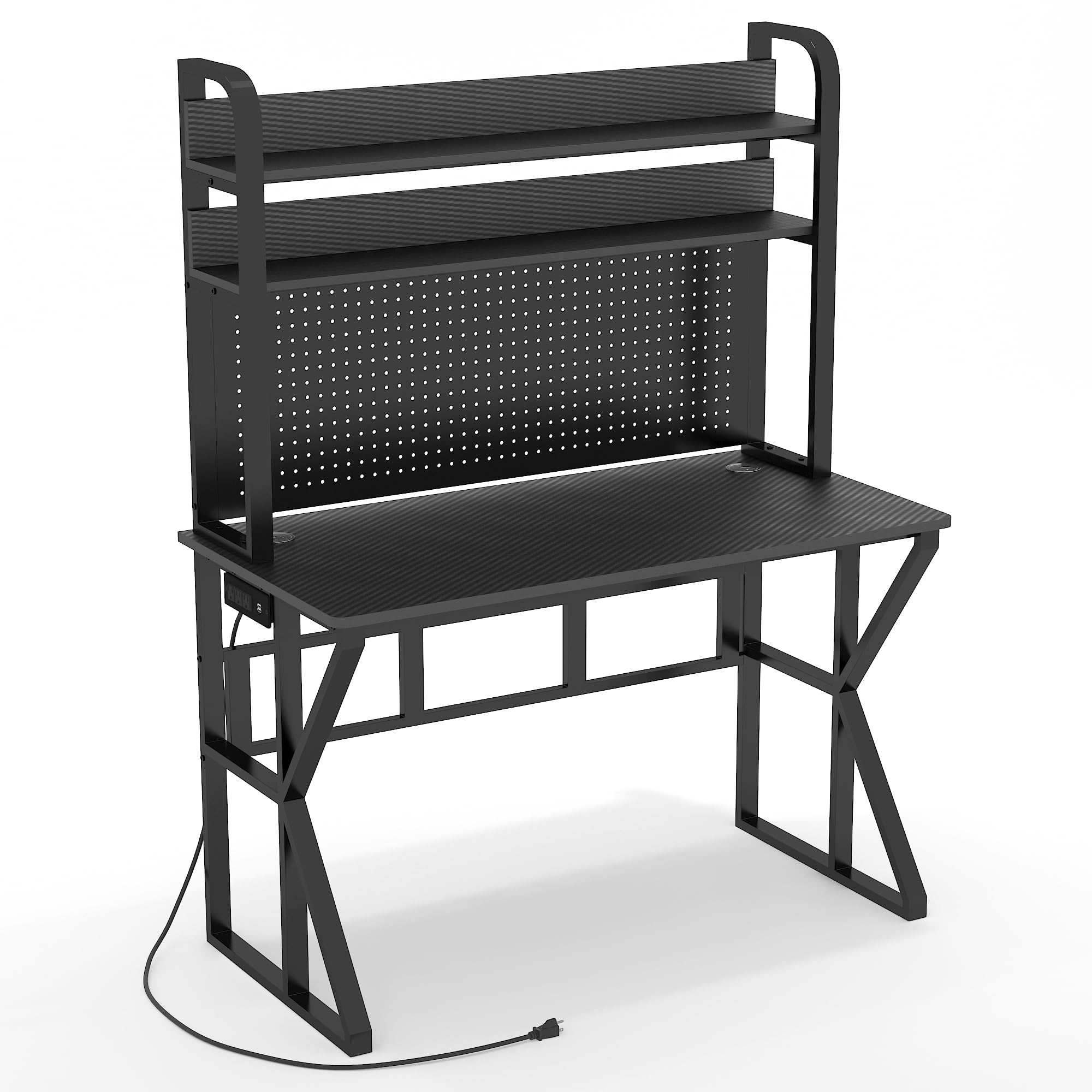Chnnmbrn Home Office Desk with Power Outlet,Gaming Desk with Pegboard,Large PC Table Computer Desk with Shelves,Multifunctional Workbench,Study Writing Workstation