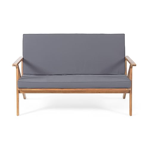 Christopher Knight Home Panama Outdoor Acacia Wood Chat Set with Water Resistant Cushions, 4-Pcs Set, Teak Finish / Grey