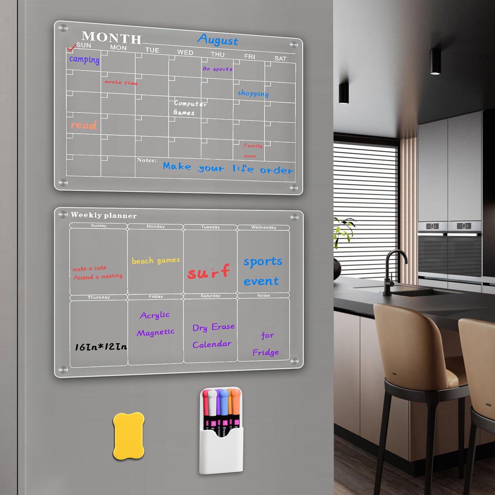 Amzone Acrylic Magnetic Calendar for Fridge 16"x12", 2 Set Monthly Weekly Dry Erase Board Planner for Refrigerator, Reusable Clear Calendar Includes Eraser and 6 Markers