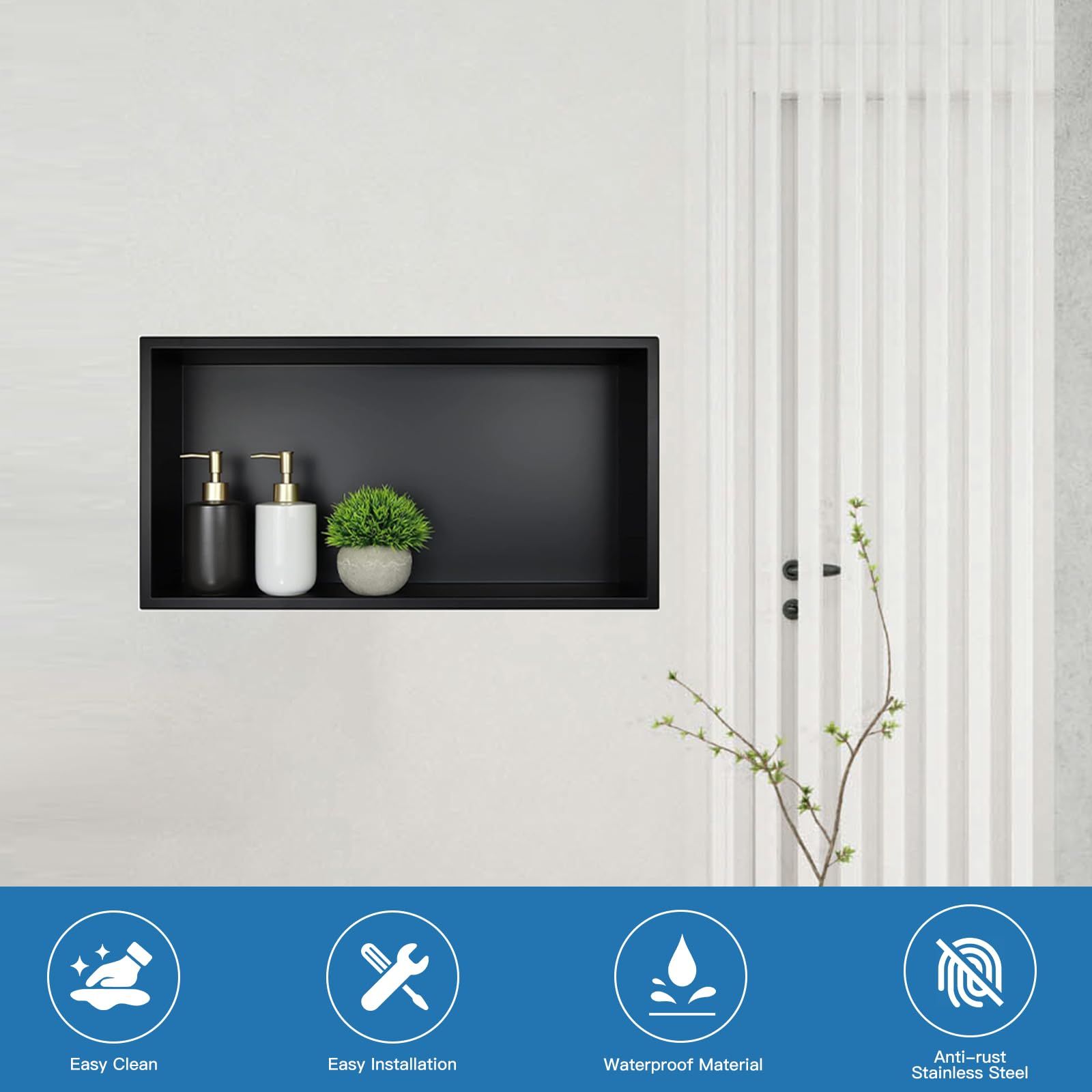 BWE Stainless Steel Shower Niche, 24" X 12" X 4" Large Volume Bathroom Wall Niche,No Tile Needed,Recessed Shower Shelf Organizer for Storage,One Inner Shelf,Matte Black