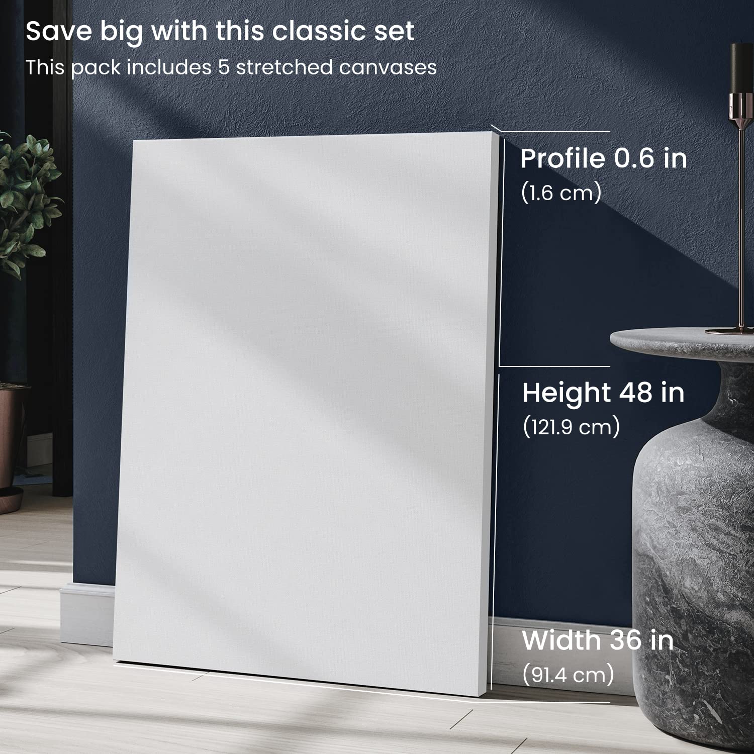 ARTEZA Stretched Canvas, 36 x 48 Inches, Pack of 5, Blank White Large Canvas for Painting for Acrylic, Oil and Gouache Paints