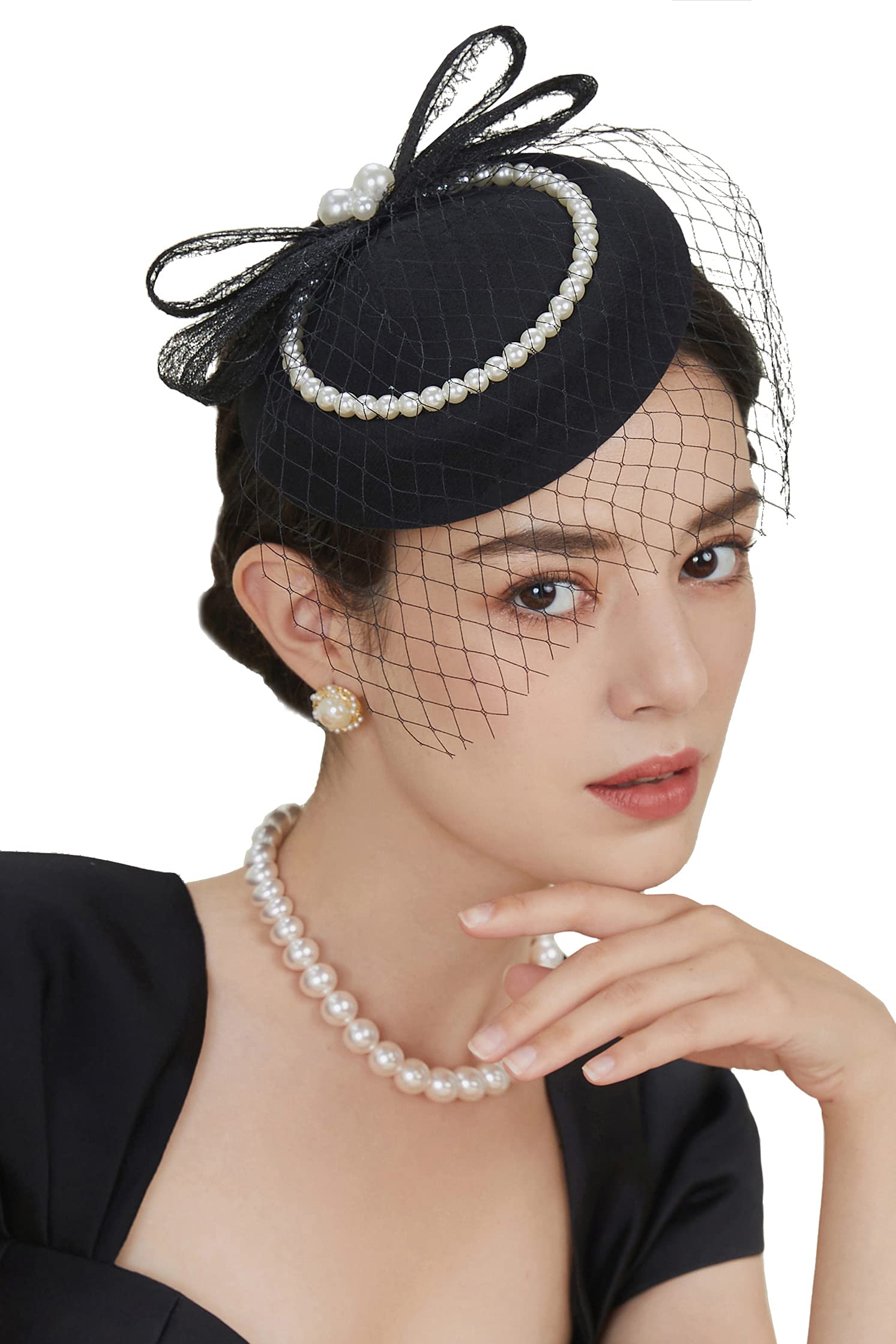 BABEYOND Veil Fascinator Hat for Women Tea Party Kentucky Derby Fascinator Hat Pillbox Hat Feather Fascinator with Pearl (Black)