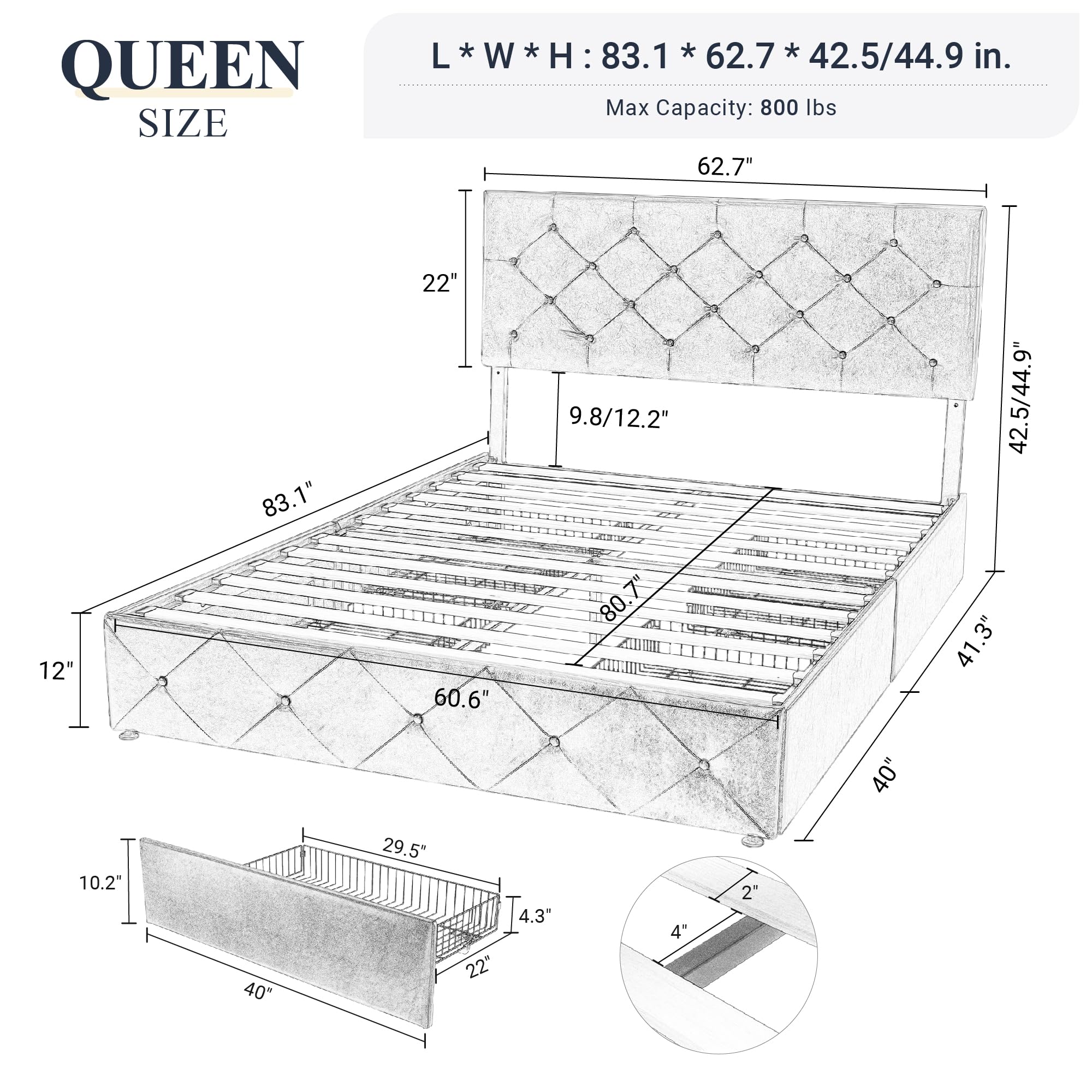 Allewie Queen Size Platform Bed Frame with 4 Storage Drawers and Adjustable Headboard, Diamond Stitched Button Tufted Faux Leather Upholstered Mattress Foundation, No Box Spring Needed, Black Brown