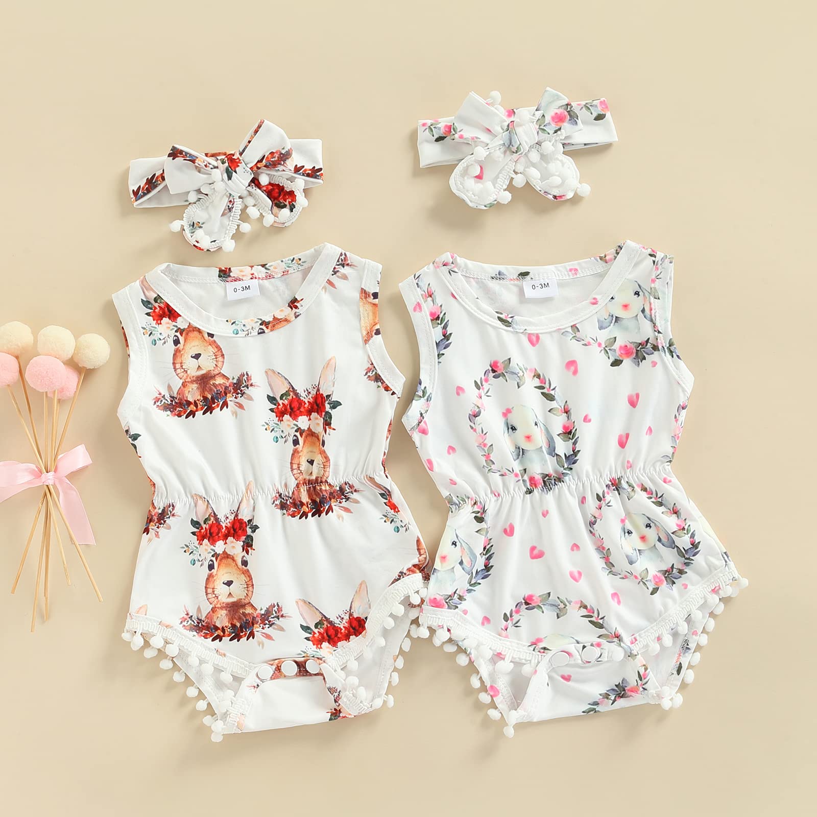 Dcohmch Easter One-Piece Outfits Newborn Baby Girl Sleeveless Cute Rabbit Printed Romper Bodysuit Bunny Print Clothes 0-12M