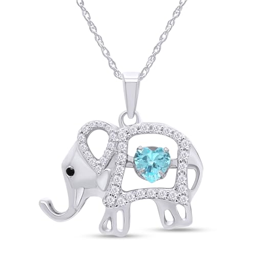 AFFY Simulated Aquamarine And White Cubic Zirconia Floater Elephant Pendant Necklace, 14K White Gold Over Sterling Silver, 5MM Heart Cut Center Aquamarine, 18'' Rope Chain