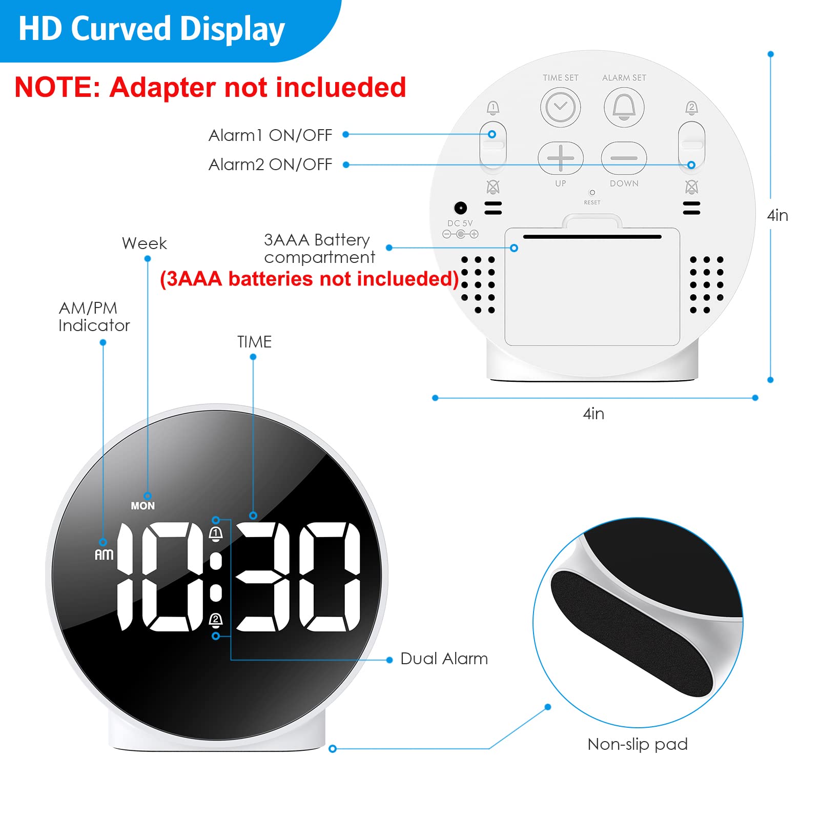AMIR Digital Alarm Clock, LED Electronic Clock, Bedside Clock with 2 Alarms, Snooze, Adjustable Brightness, 12/24H, Small Desk Clock (Battery & Adapter Not Included)