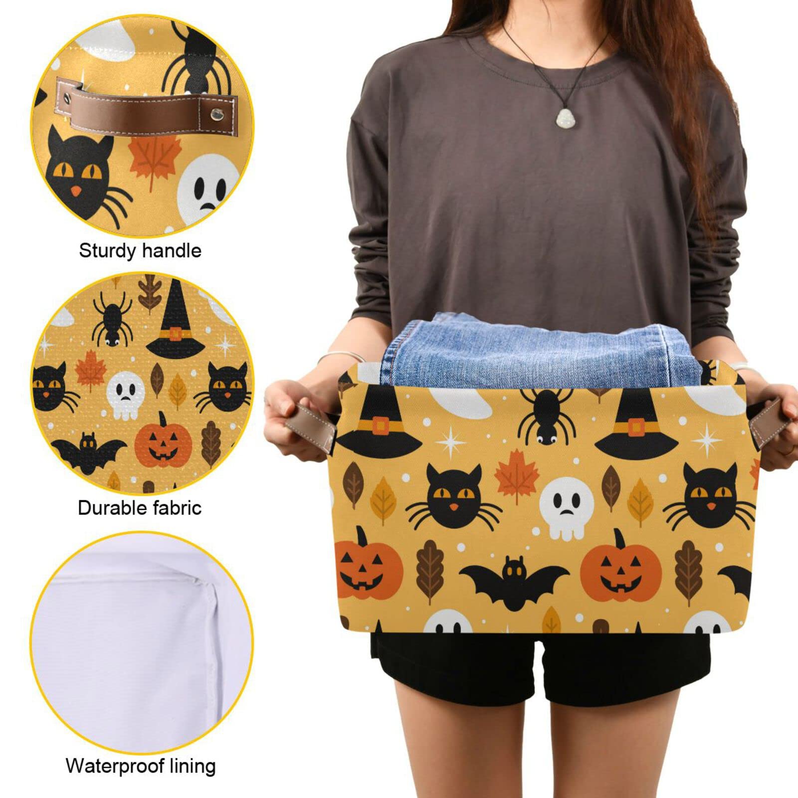 Large Foldable Storage Basket Halloween Spooky Skull Pumpkin Black Cat Storage Bin Canvas Toys Box Fabric Decorative Collapsible Organizer Bag with Handles for Bedroom Home