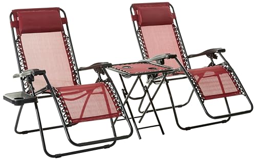 Amazon Basics Outdoor Textilene Adjustable Zero Gravity Folding Reclining 3-Piece Lounge Chair Set with Side Table, 37 x 10 x 26 inches, Red