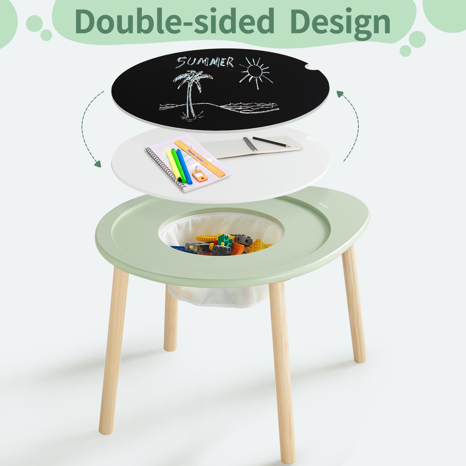 Beright Kids Table and Chairs Set, Kids Wooden Play Table with 2 Chairs, Kids Round Table for Toddlers, Suitable for Bedroom, Playroom and Kids' Room, with Removable Top Panel and Storage Bag, Green