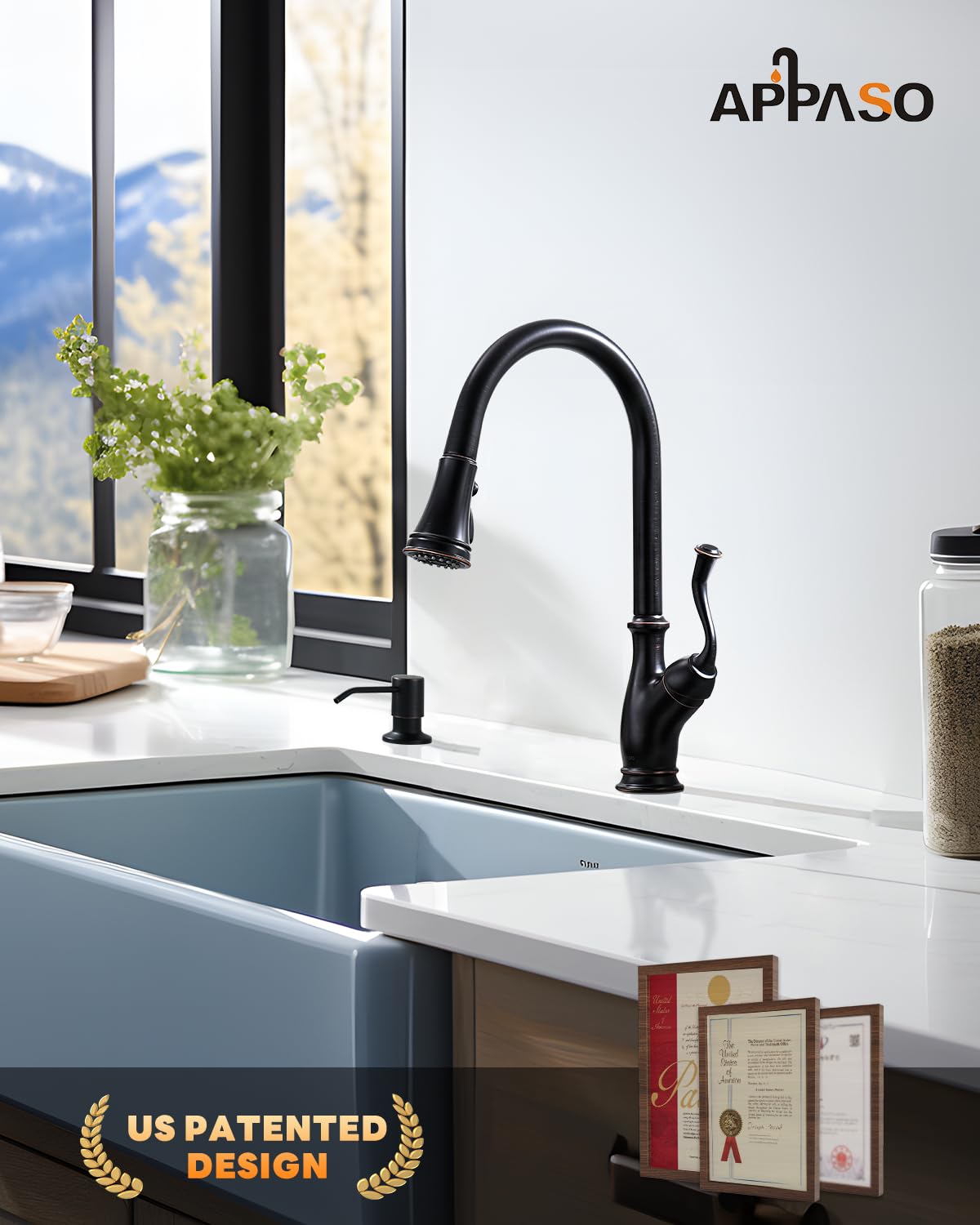 APPASO Oil Rubbed Bronze Kitchen Faucet with Soap Dispenser, Stainless Steel Kitchen Faucet with Pull Down Sprayer 3-Function High Arc Single Handle Bronze Kitchen Sink Faucet