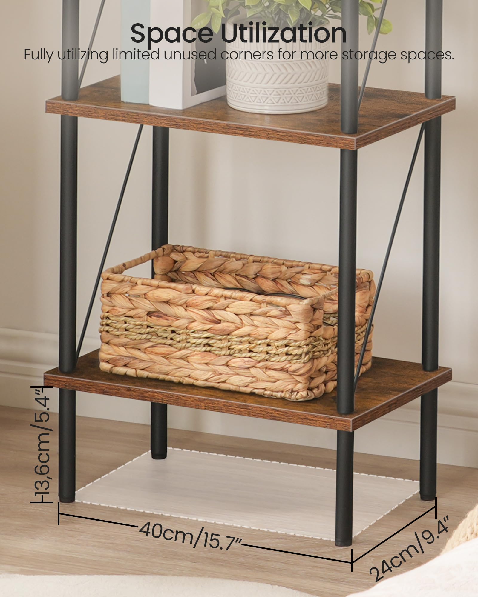 CHOEZON Narrow Book Shelf 6-Tier 67.2" Tall Bookcase with Protective Diagonal Braces, for Living Room, Bedroom, Study, Balcony, Rustic Brown and Black TCJ06BF