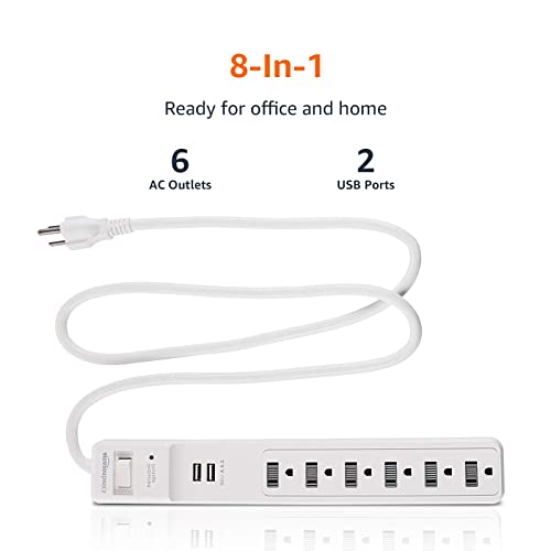 Amazon Basics Rectangular 6-Outlet Surge Protector Power Strip with 2 USB Ports - 1000 Joule, White, 6 ft