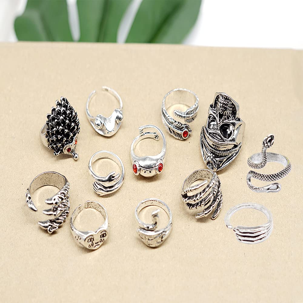 ASHMITA 12 PCS Silver Frog Ring Set Cute Animal Adjustable Rings Vintage Pairing Ring Snake, Hug, Lucky Face Eagle Claw Ring Gifts for Women Men