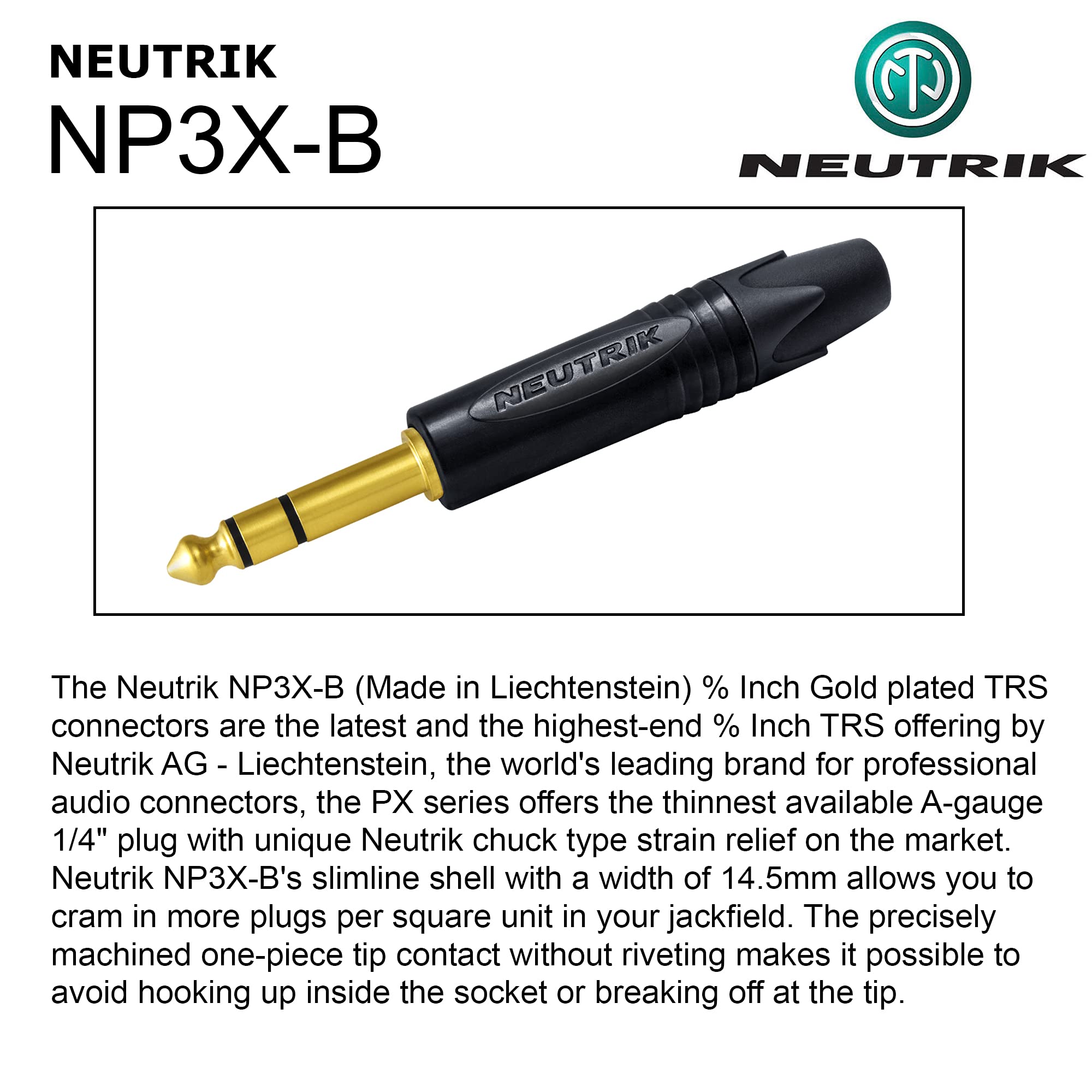 WORLDS BEST CABLES 5 Foot - Balanced TRS Patch Cable Custom Made Using Mogami 2549 (Black) Wire and Neutrik NP3X-B Gold TRS Stereo Plugs