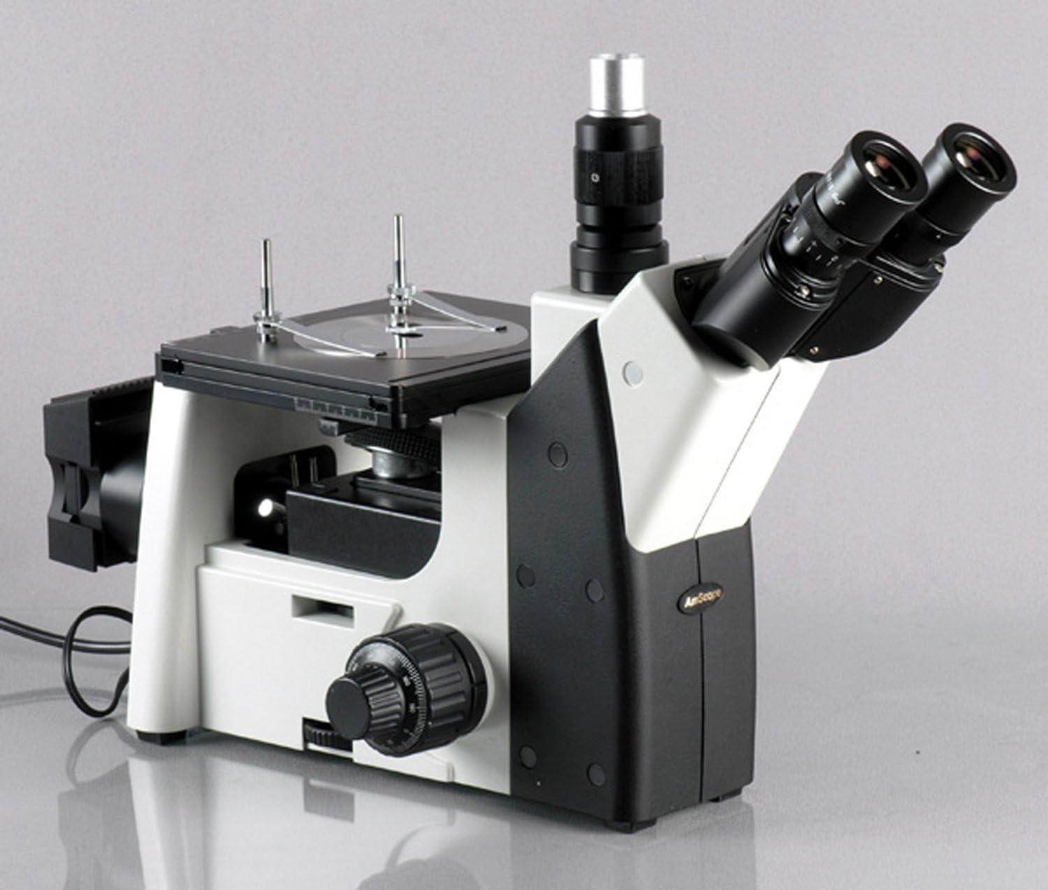 AmScope ME1200TB Inverted Trinocular Metallurgical Microscope, 50X-1000X Magnification, PL10x and PL20x Eyepieces, Polarizing Condenser, Brightfield and Polarizing LED Illumination with Rheostat, Large Double-Layer Mechanical Stage, 90-240V