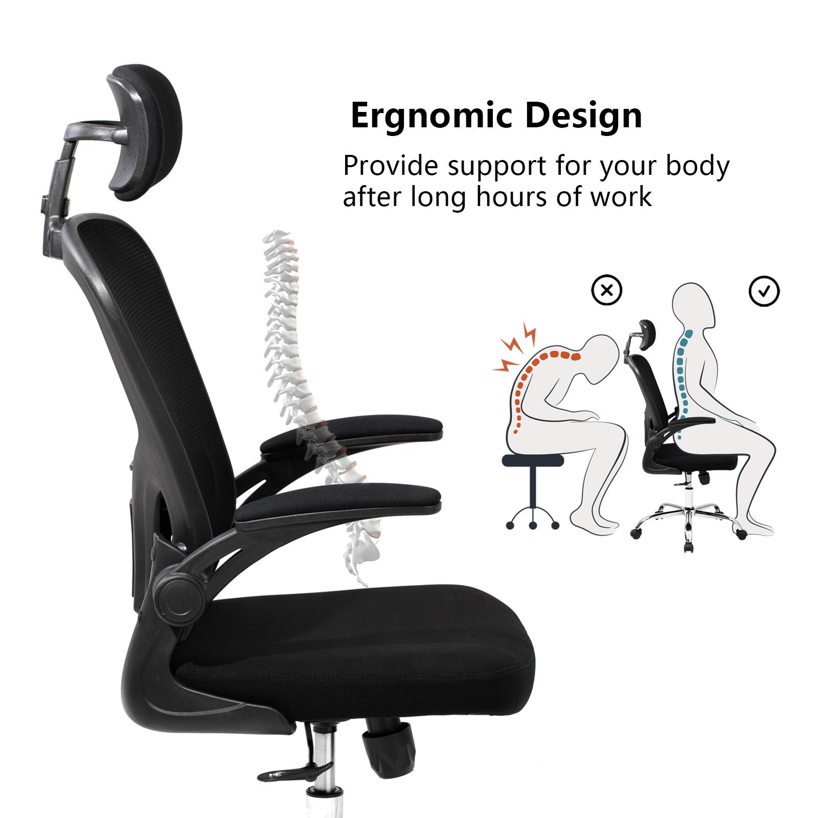 Adjustable Office Chair Ergonomic Mesh Chair High Back Computer Desk Chair with Flip-up armrest and Adjustable Headrest