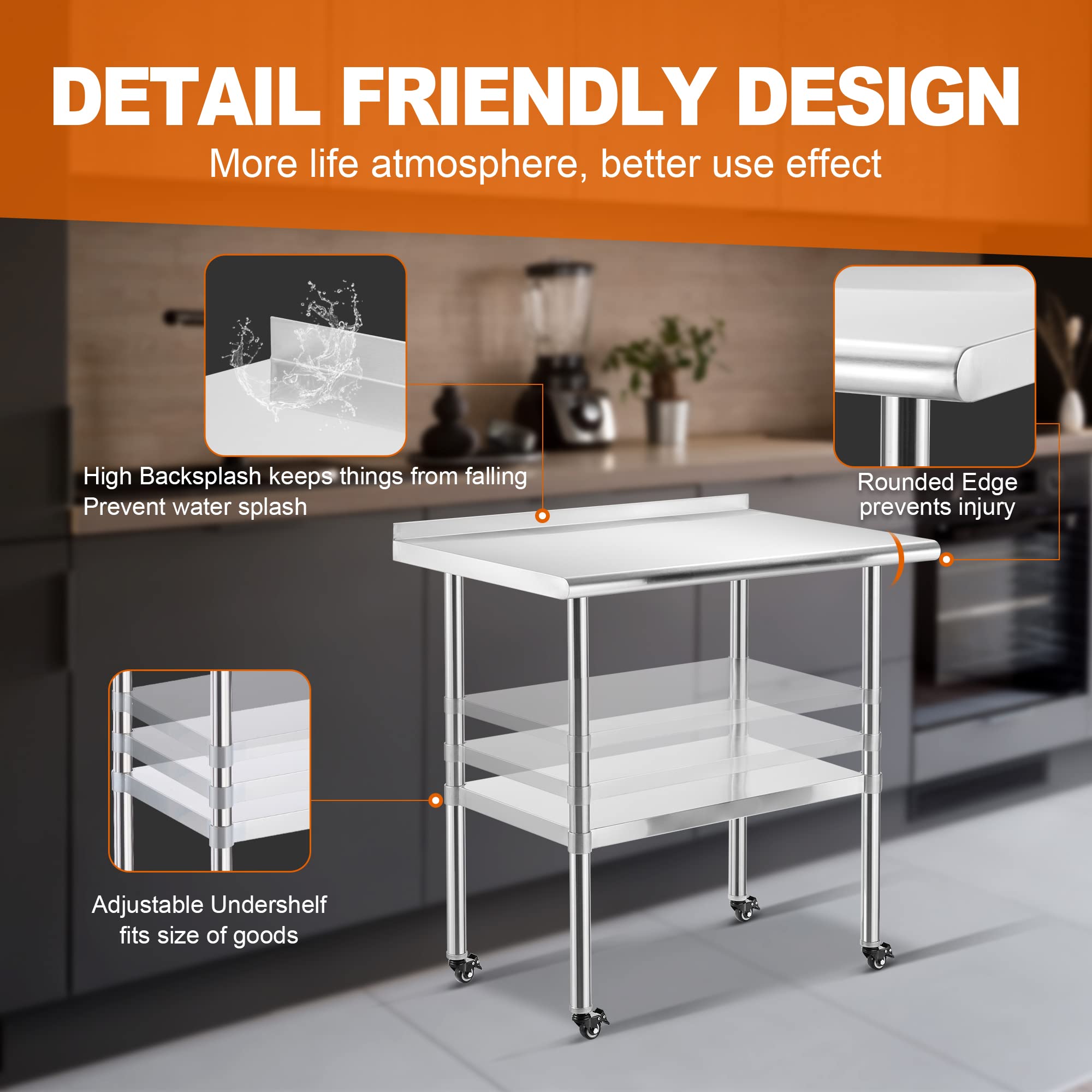 Sapodilla NSF Stainless Steel Worktables with Wheels, 36×24 Inches Commercial Heavy Duty Tables with Backplash and Adjustable Undershelf for Kitchen, Restaurant, Hotel and Garage