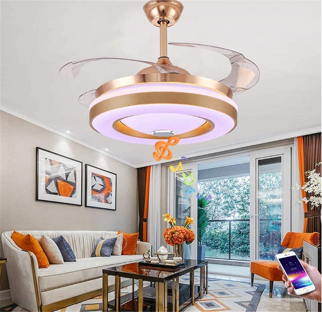 Angry Pryo 42Inch Bluetooth Ceiling Fan with Light and Speaker Music, 7 Color Dimmable LED Retractable Blades with Remote Ceiling Lighting Chandelier for Livingroom Restaurant Hall