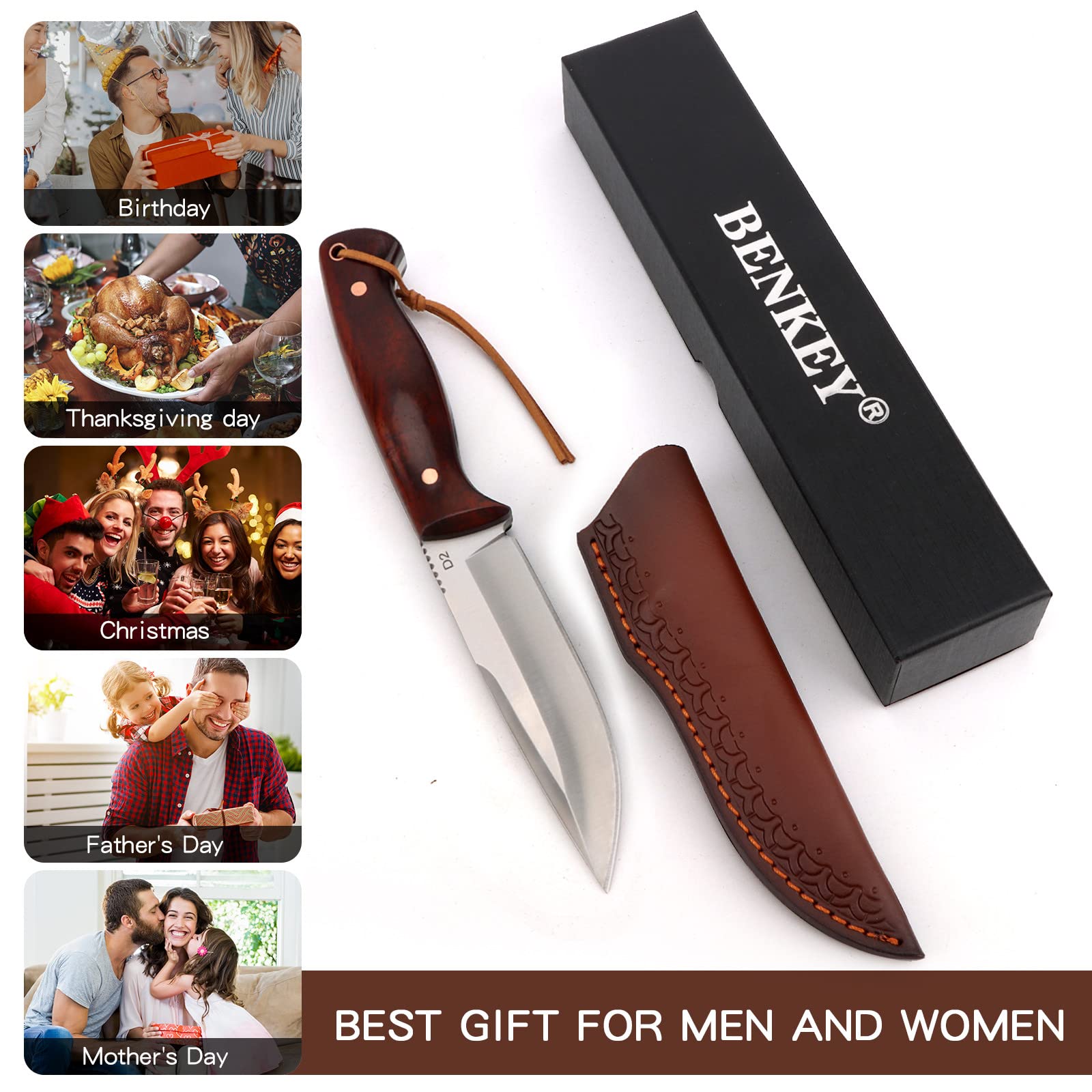 Benkey VG10 Damascus Natural Abalone Seashells Pocket Knife with Clip Leather Sheath and Fixed Blade Hunting Knife Bundles