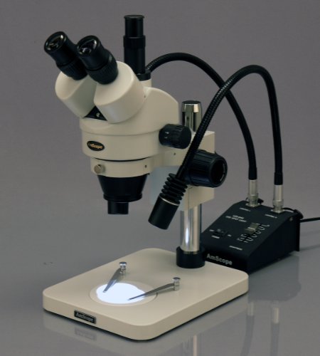 AmScope SM-1TSW2-L6W-M Digital Professional Trinocular Stereo Zoom Microscope, WH10x and WH25x Eyepieces, 3.5X-225X Magnification, 0.7X-4.5X Zoom Objective, 6W Dual-Gooseneck LED Light, Pillar Stand, 85V-265V, Includes 0.5X and 2.0X Barlow Lenses, Include