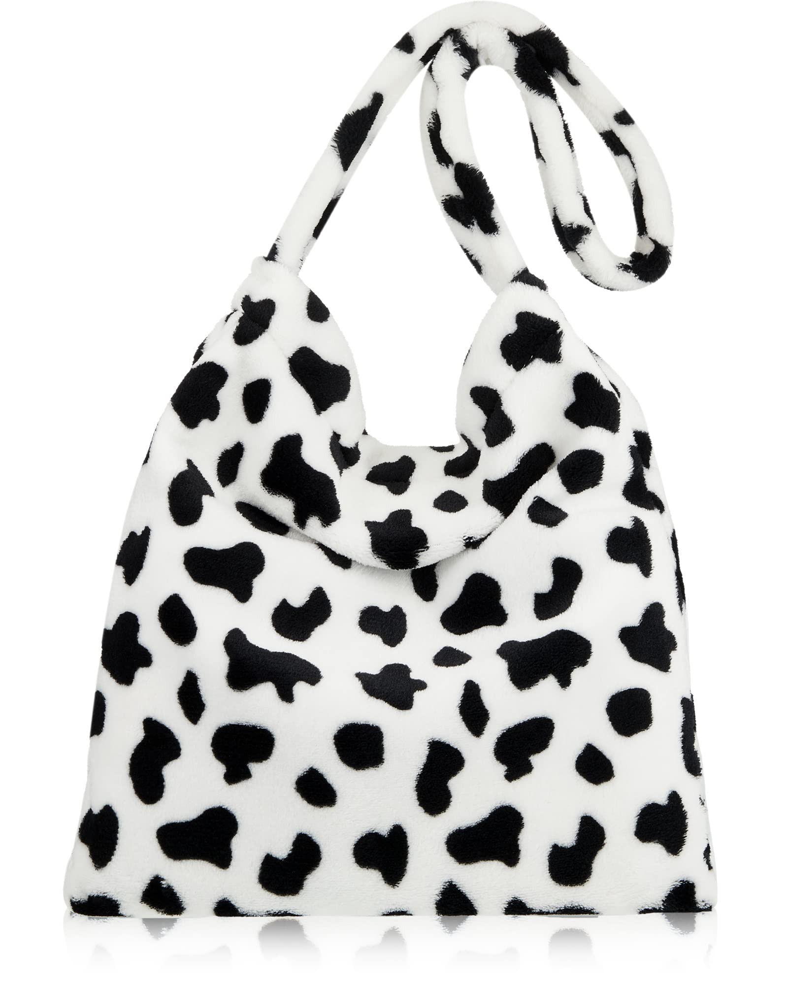 Fluffy Shoulder Bag Flower Cow Plush Underarm Handbag Bag Fluffy Purse Small Clutch Bag for Women Autumn Winter (White and Black, Shoulder Bag)