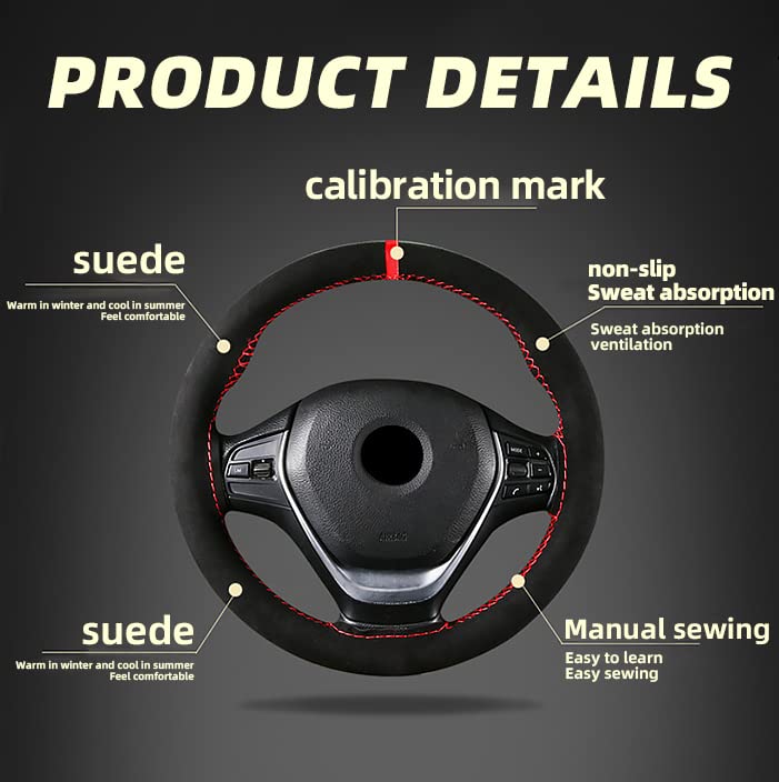 AUCELI Car Steering Wheel Cover, 15 Inch Durable Genuine Leather Stitch On Wrap Steering Wheel Protector for Women Men, Universal Auto Interior Accessories Suitable for Most Models