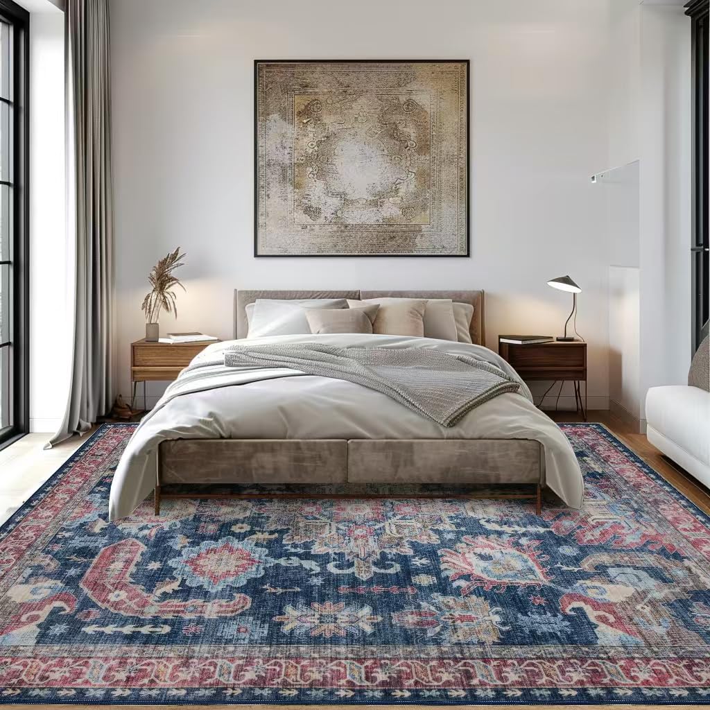Area Rug for Living Room Machine Washable Rug for Bedroom Vintage Rug Non-Slip Backing Dinning Room Carpet Soft Low-Pile (Green Rust, 5 * 7)