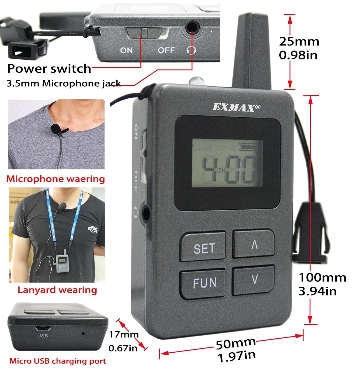 EXMAX ELGT-470 UHF Wireless Whisper Acoustic Transmission System Church Translation Teaching Summit Simultaneous Interpretation Walking Tour 1 Transmitter 12 Receivers + Silver Aluminium Storage Case