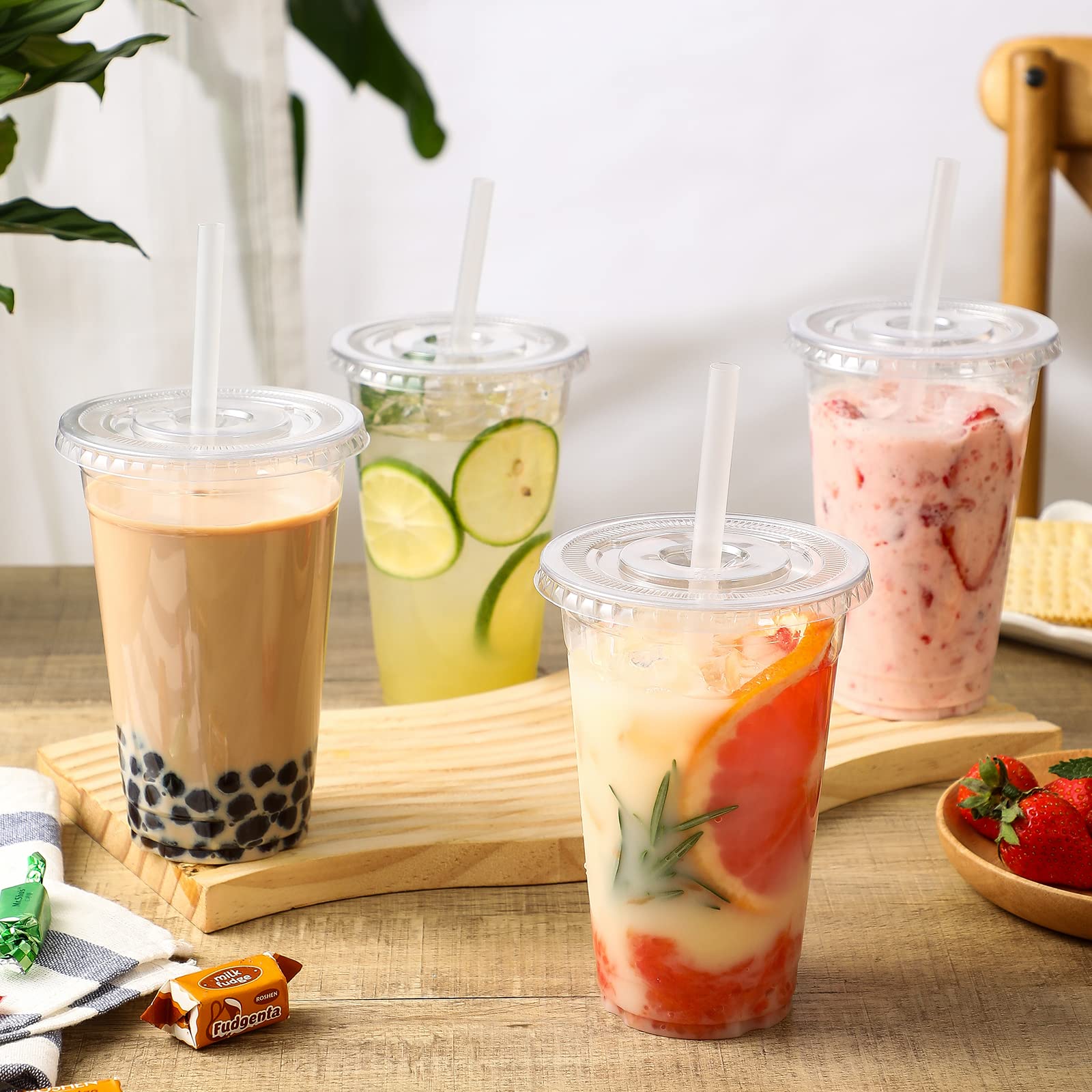 AOZITA 120 Sets - 16 oz Clear Plastic Cups with Lids, Disposable Cups With Straw Slot Lids for Cold Drinks, Milkshake, Smoothie, Iced Coffee and TO-GO Drinkings