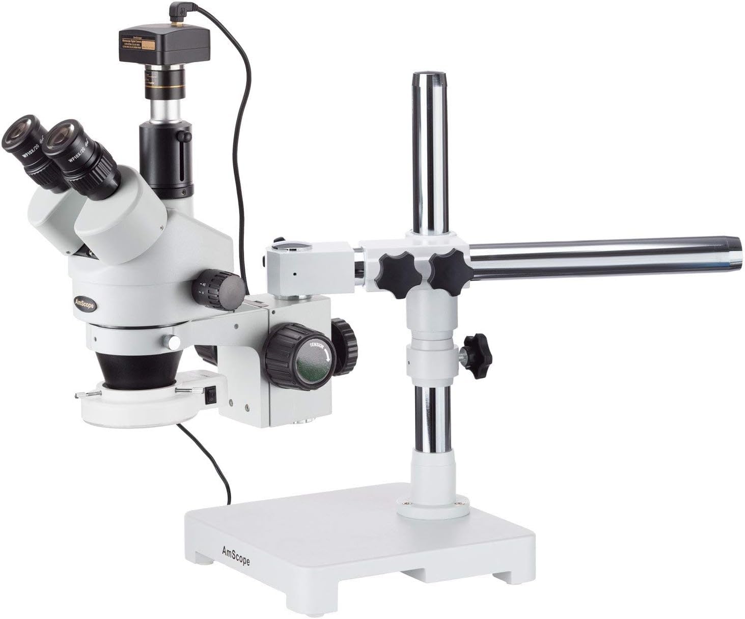 AmScope SM-3TZ-54S-9M Digital Professional Trinocular Stereo Zoom Microscope, WH10x Eyepieces, 3.5X-90X Magnification, 0.7X-4.5X Zoom Objective, 54-Bulb LED Light, Single-Arm Boom Stand, 110V-240V, Includes 0.5X and 2.0X Barlow Lenses and 9MP Camera with