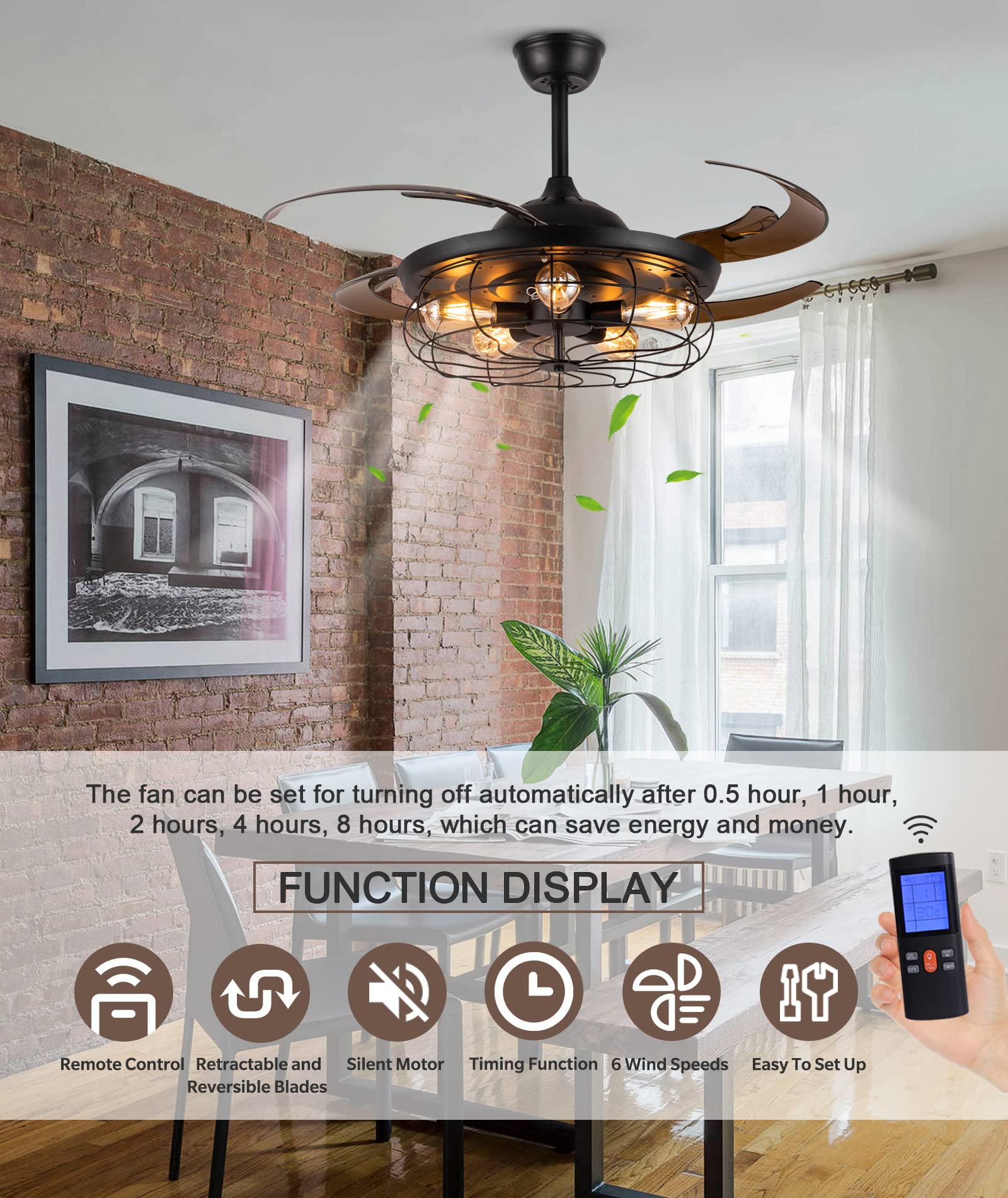APBEAMLighting 48 Inches Retractable Ceiling Fan Industrial Caged Ceiling Fan Reversible Blades Black Farmhouse Ceiling Fan with Lights and Remote Control for Living Dining Room