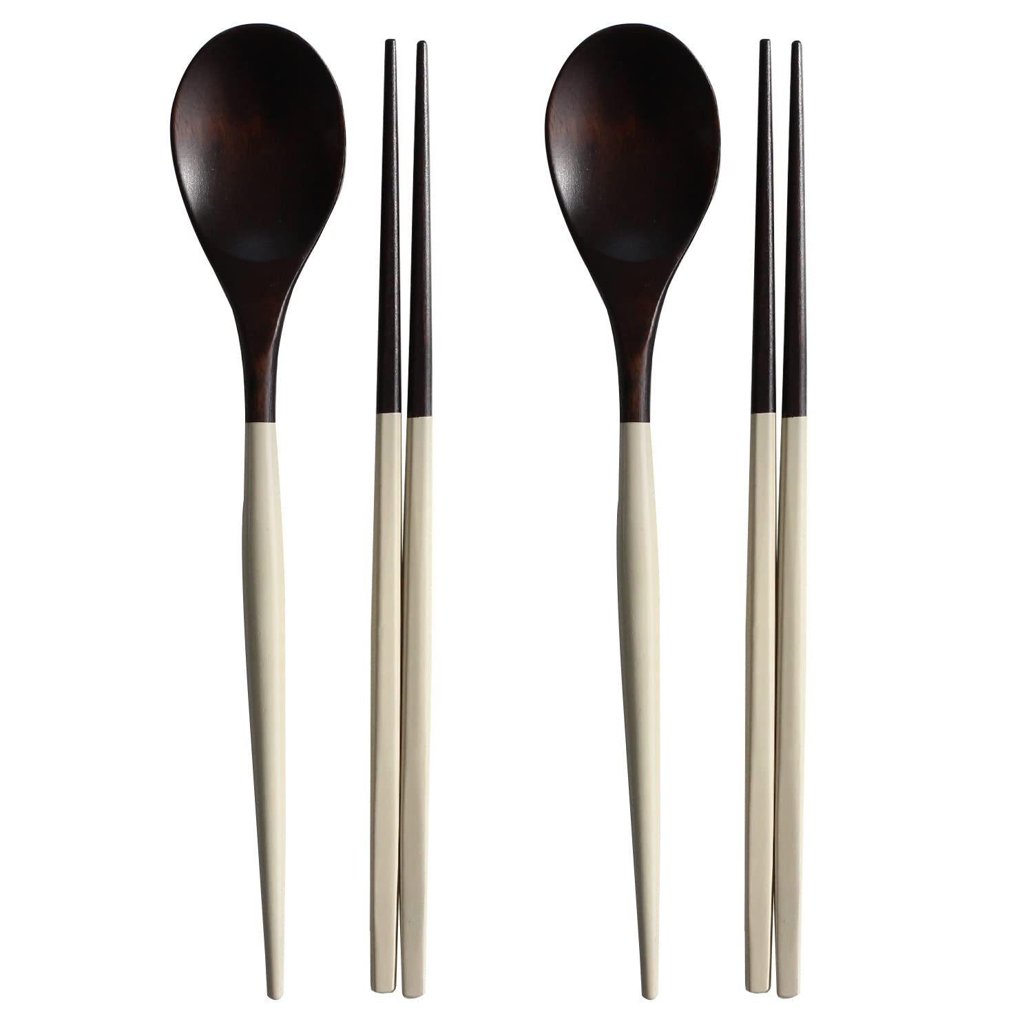 Chopsticks Reusable Korea traditional Spoon and Chopsticks Set, 2 Pair lacquer wooden Chopsticks Spoon (ivory)